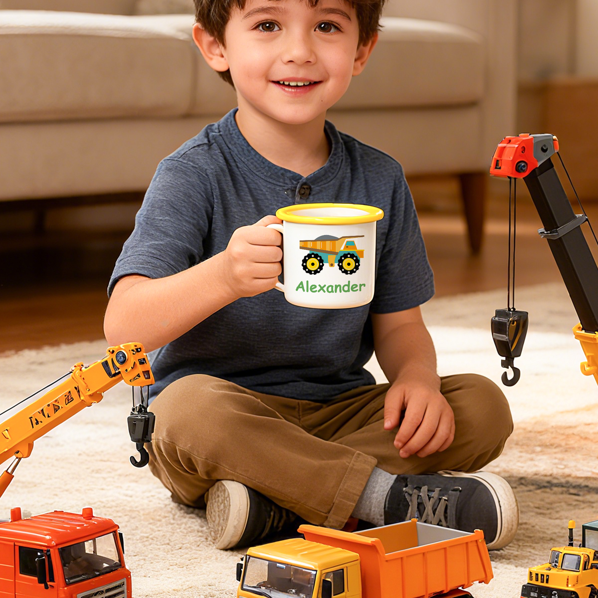 Personalised Construction Lorry Excavator Bulldozer 12 oz Enamel Mug ...