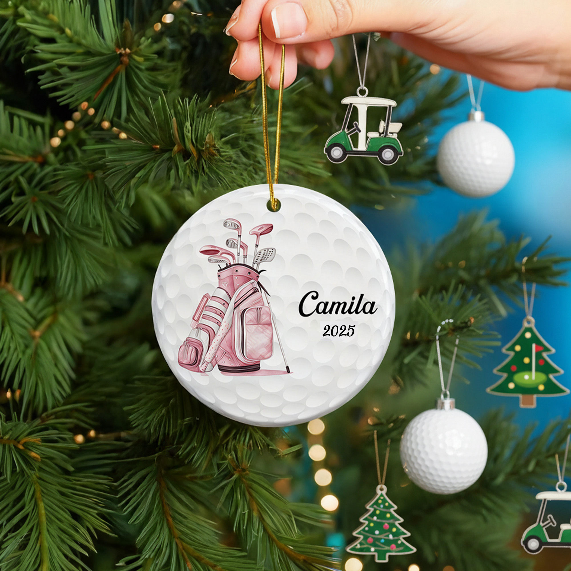 Personalised Golf Bag Design Ceramic Ornament with Name and Year Tree ...