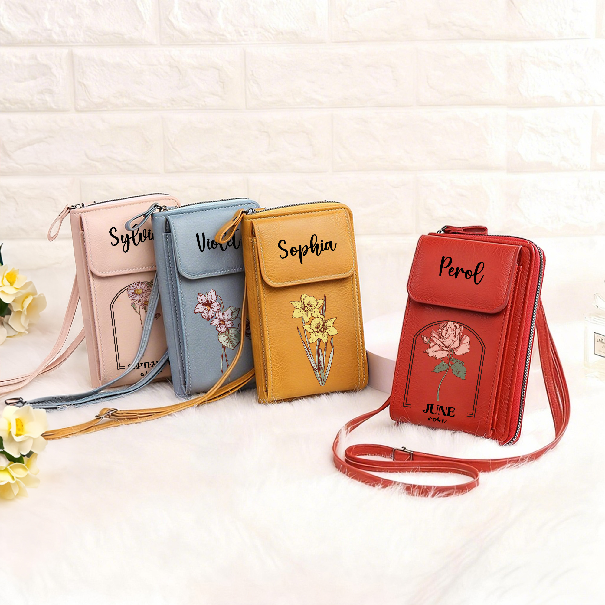 Personalized Birth Flower PU Leather Crossbody Bag Wallet with Name and ...