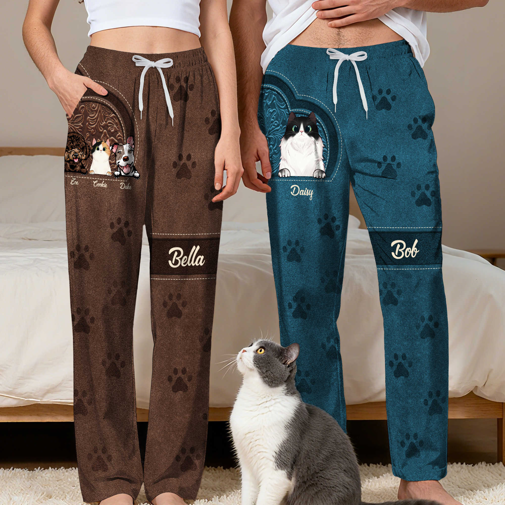 Personalized Multi-Color Retro Cartoon 1-6 Dogs Cats Pajama Pants with ...