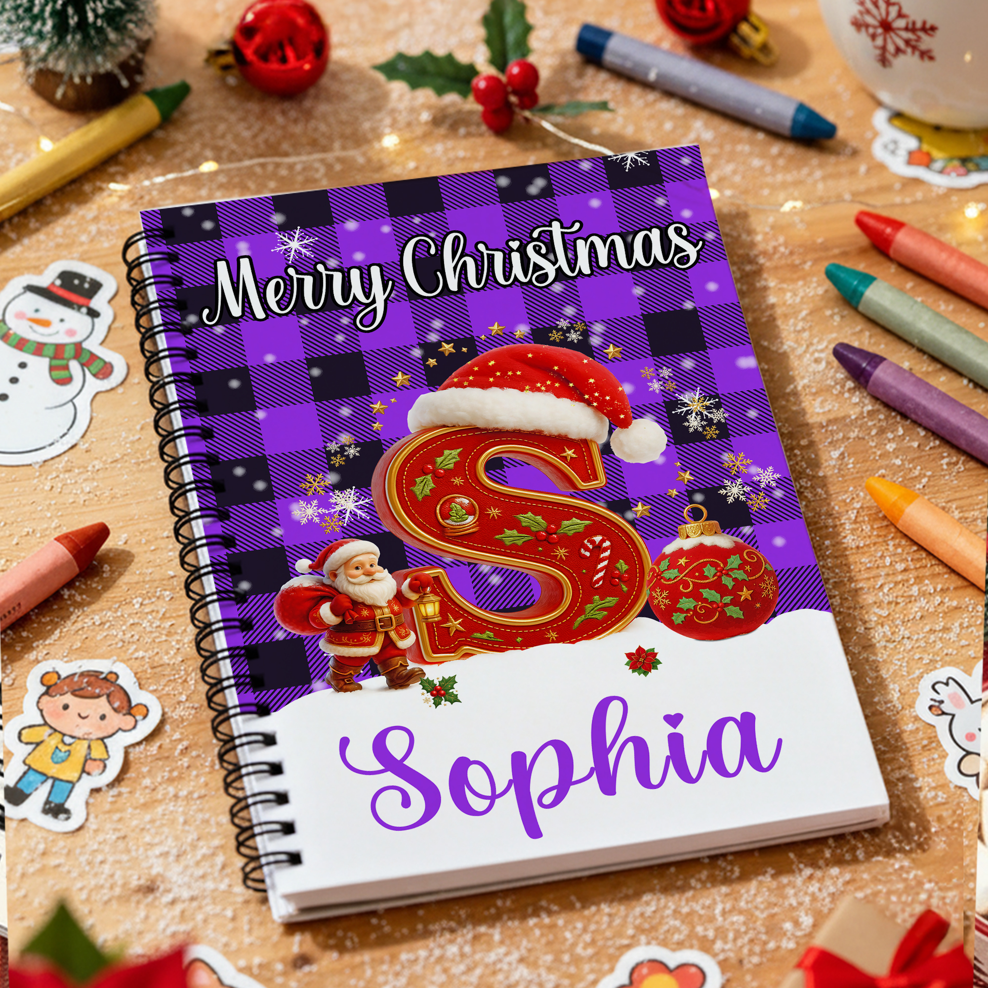 Personalized Plaid Santa Hat Initial A5 Spiral Notebook with Name Party ...