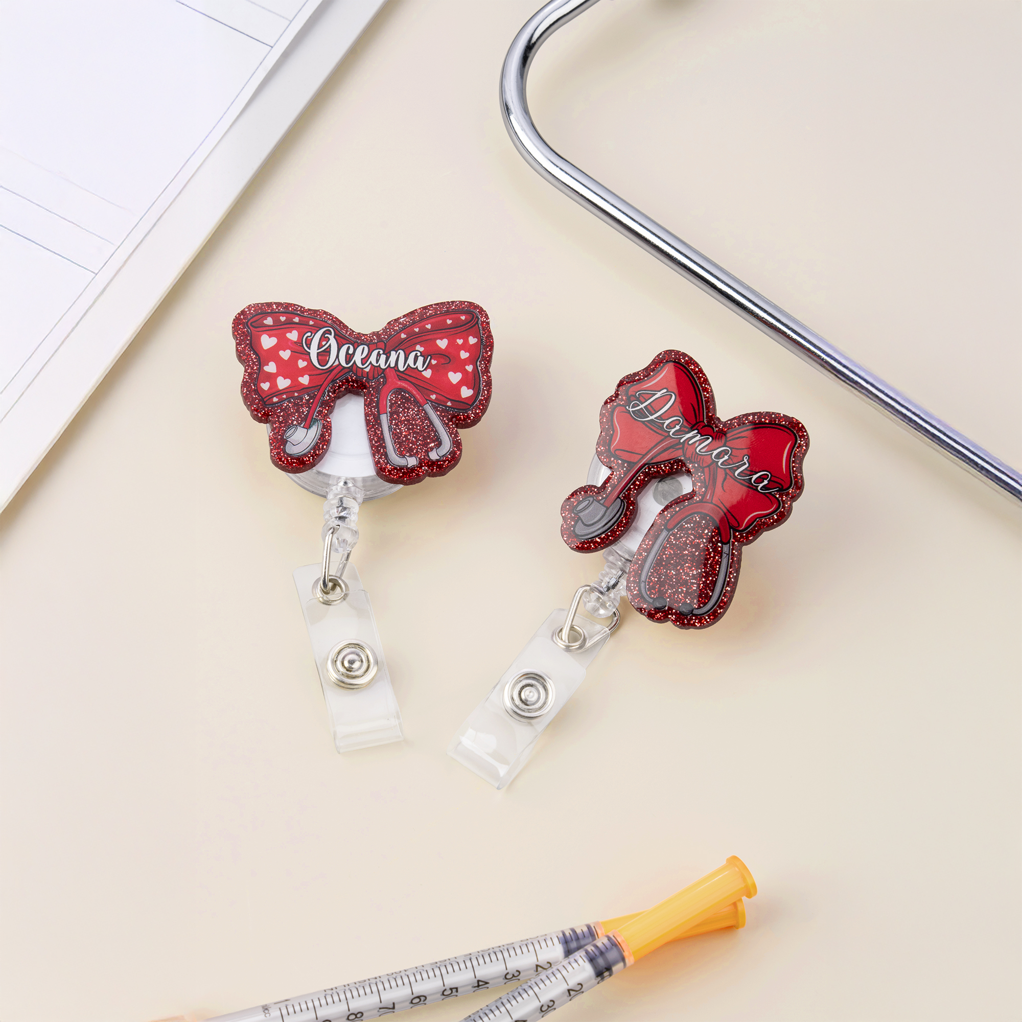 Personalised Acrylic Bow Stethoscope Badge Reel with Name Daily Use ...