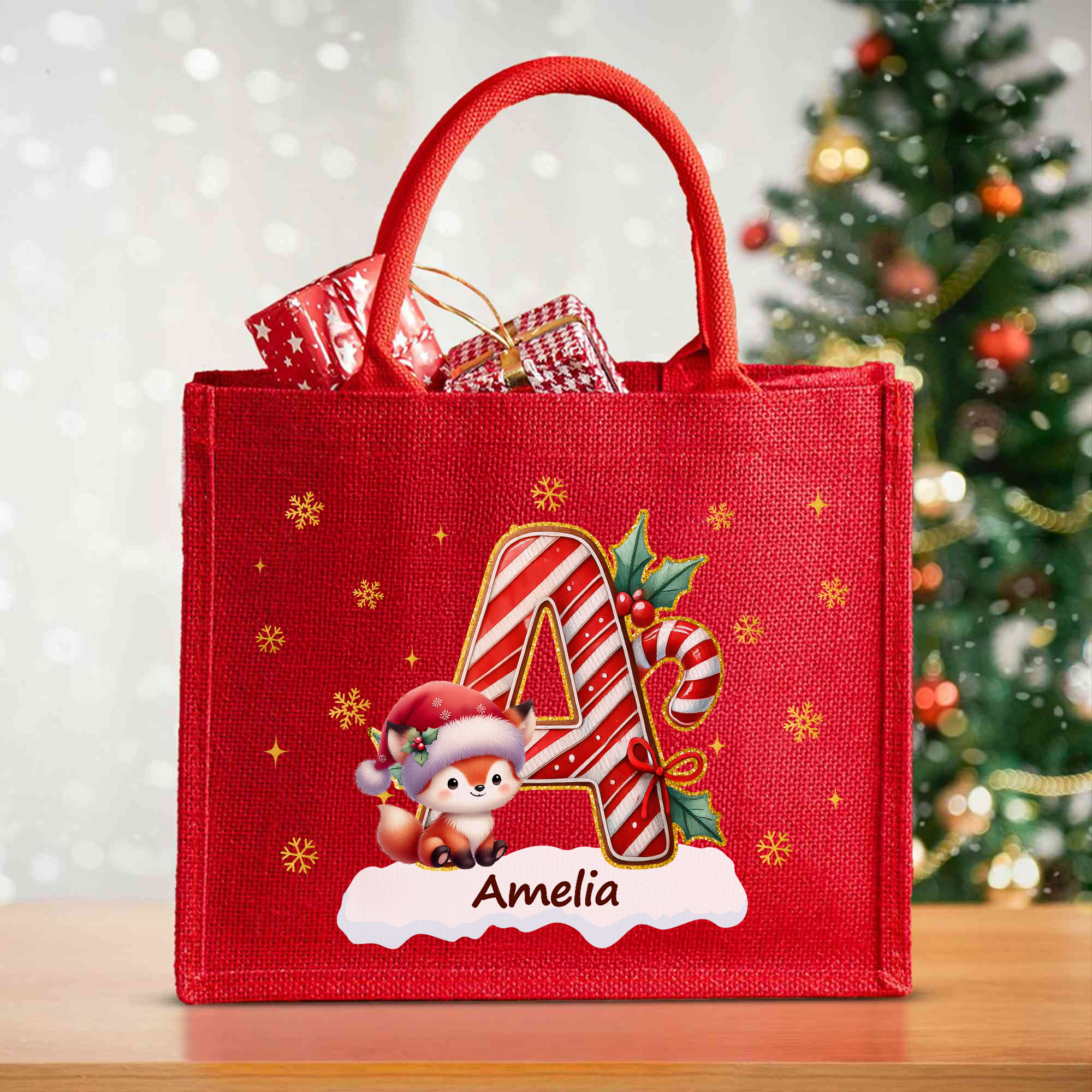 Personalised Cute Santa Hat Animal Holly Initial Large Jute Tote Bag ...