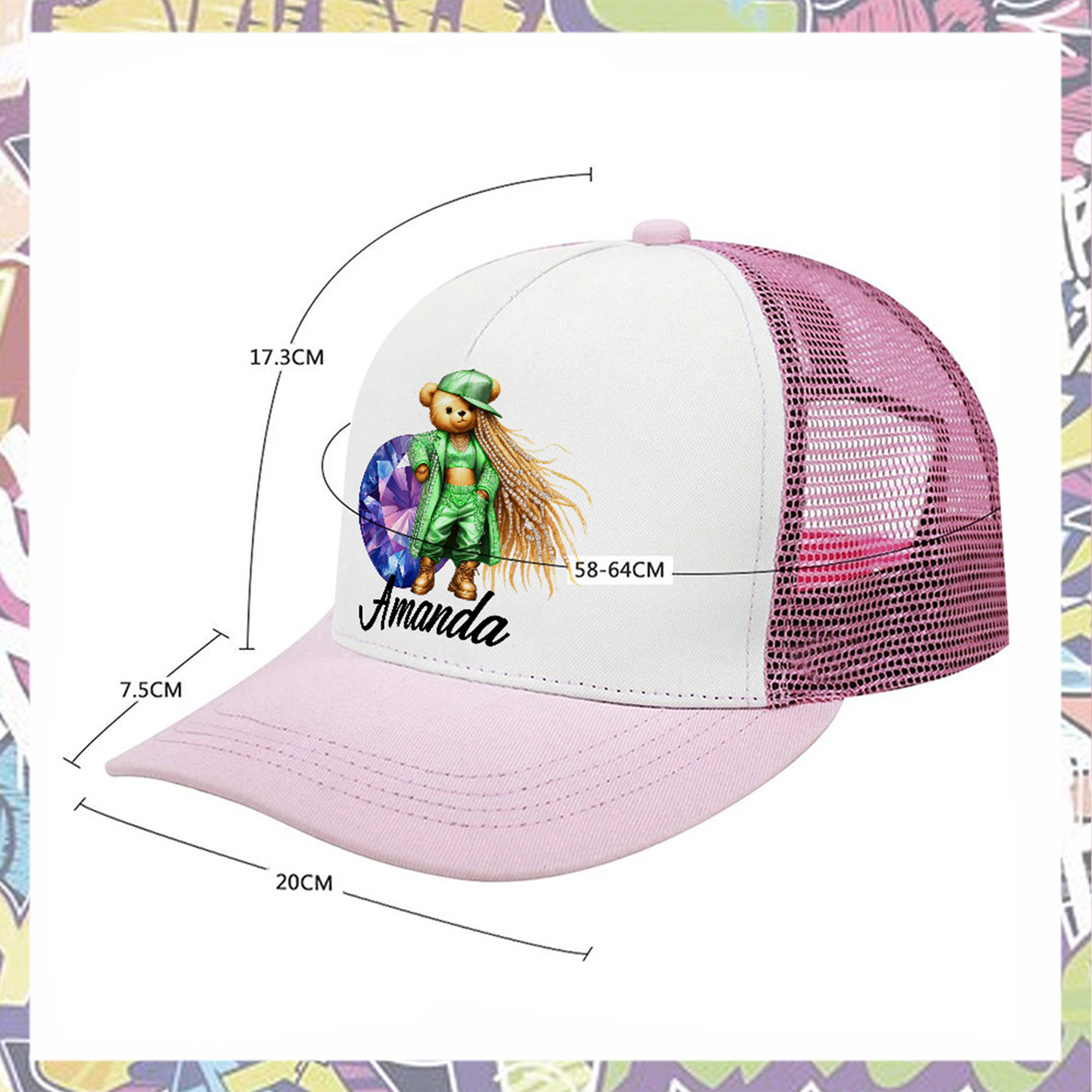 Personalized Hip-Hop Girl Teddy Bear Baseball Cap with Name and ...