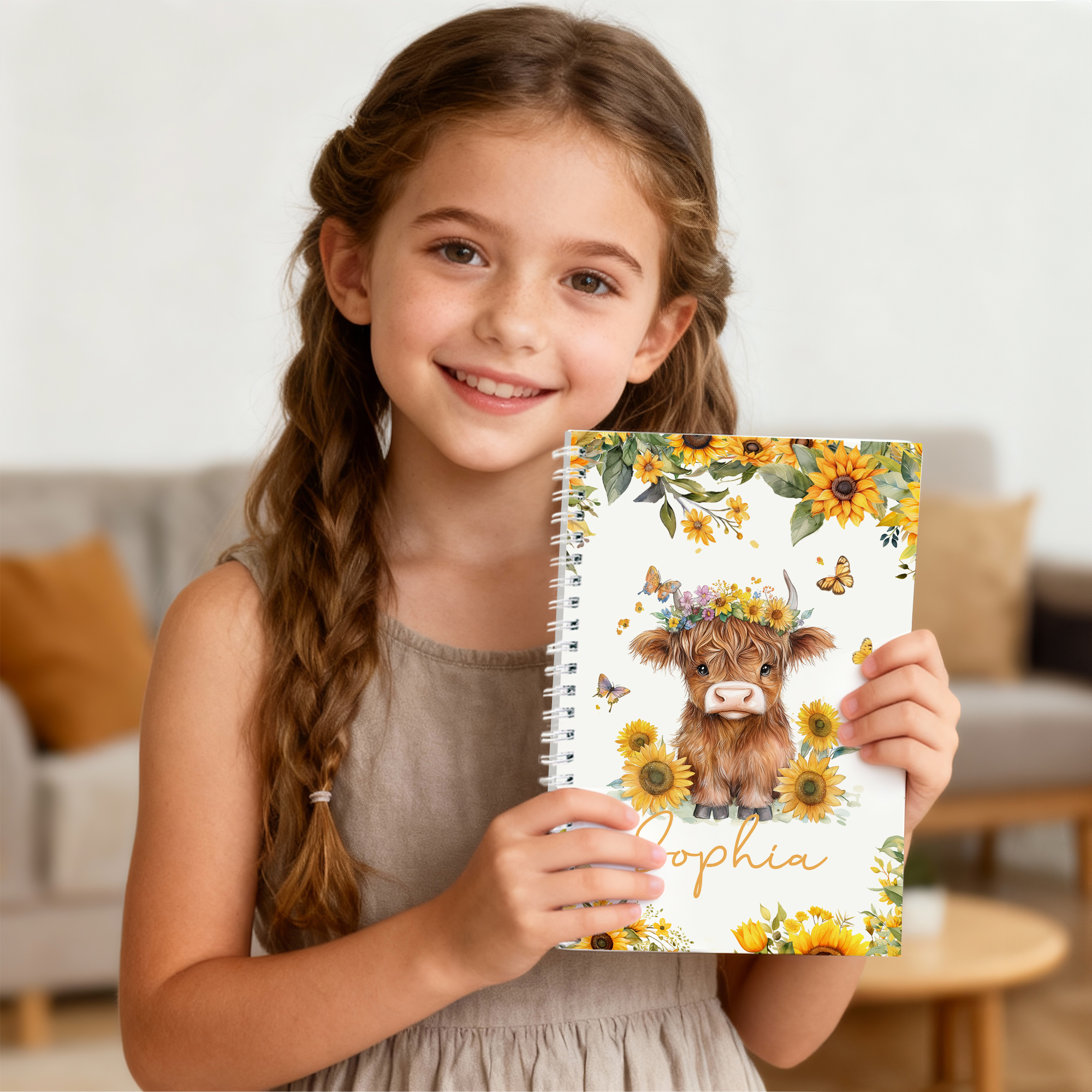 Personalised Cute Sunflower Highland Cow A5 Spiral Notebook with Name ...