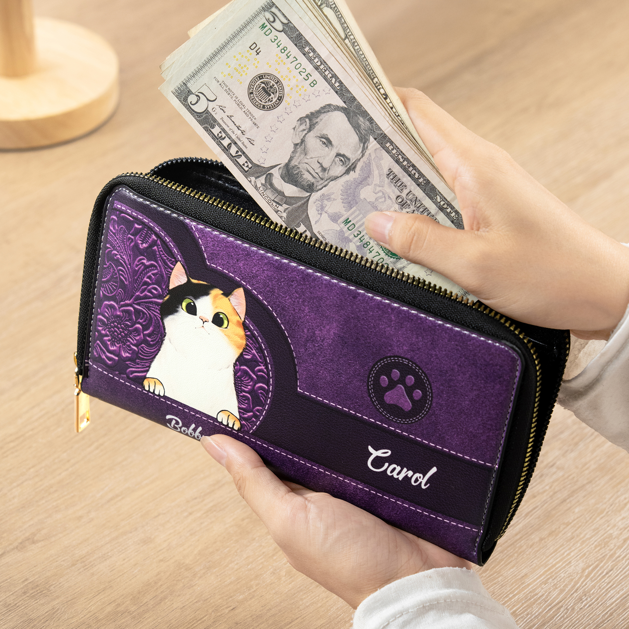 Personalized Retro Cartoon Cat Large PU Leather Name Hand Wallet with ...