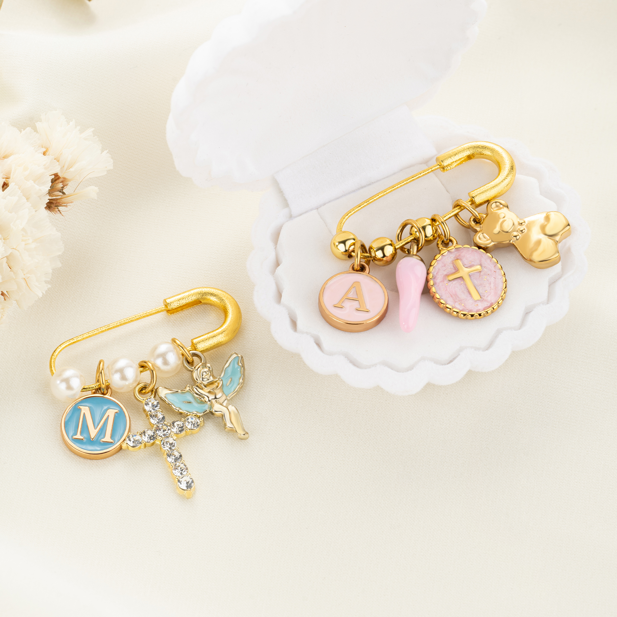 Personalized Cross Pearl Safety Brooch Pin with Initial and Pendant ...