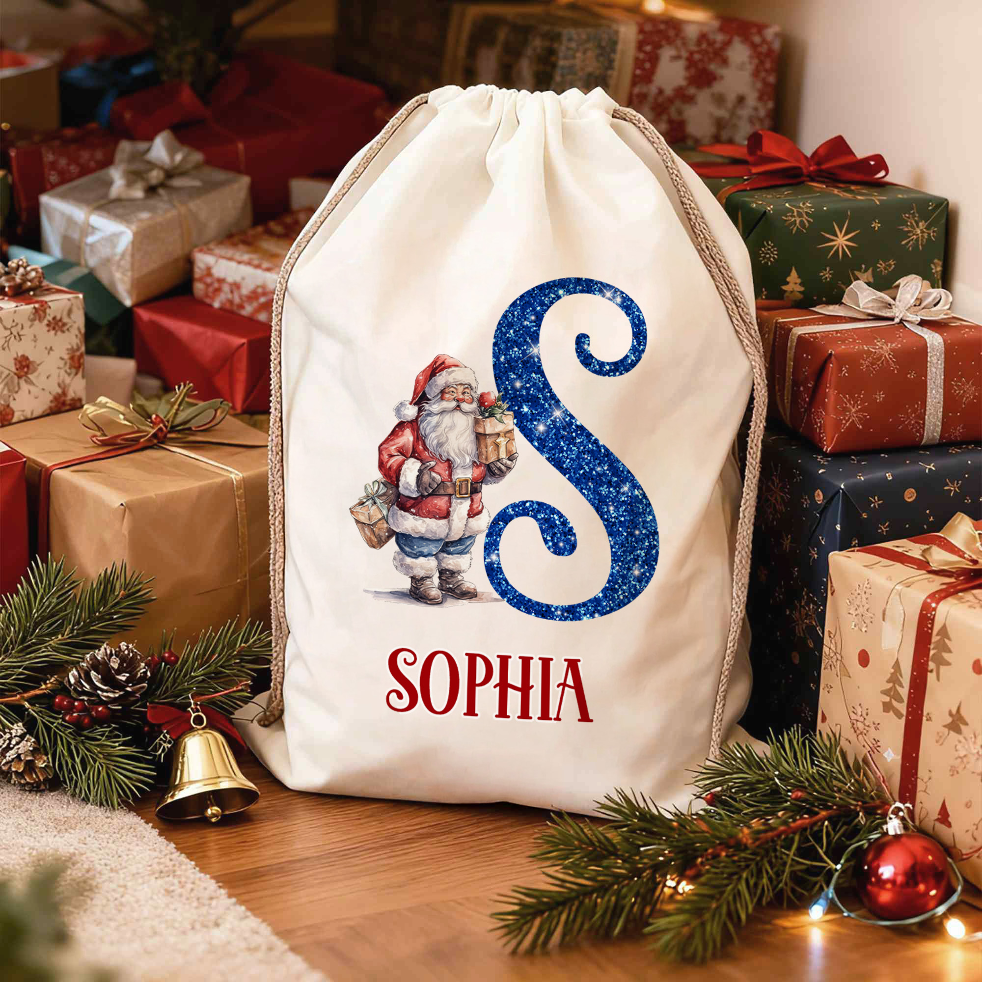 Personalised Santa Claus Canvas Drawstring Gift Bag with Name and ...