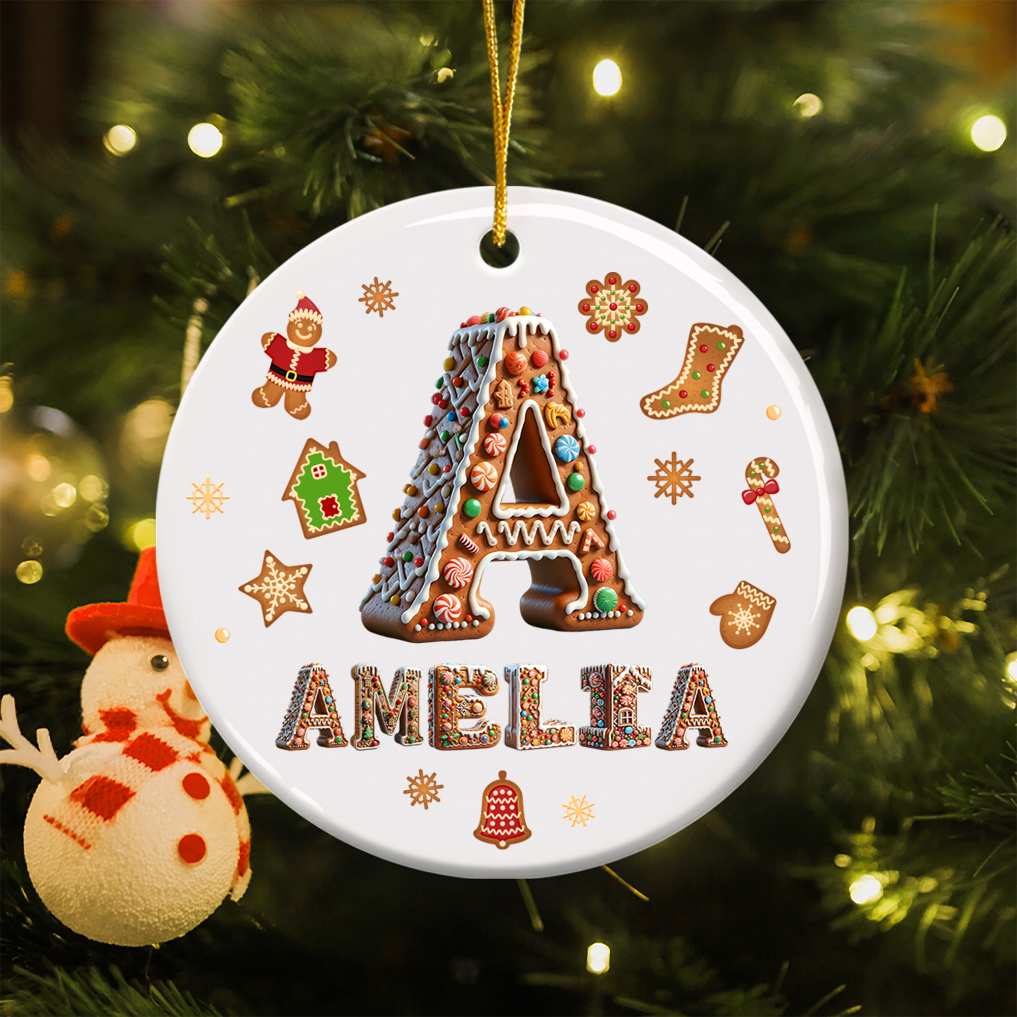 Personalized Gingerbread Man House Sweets Cane Ceramic Ornament with ...