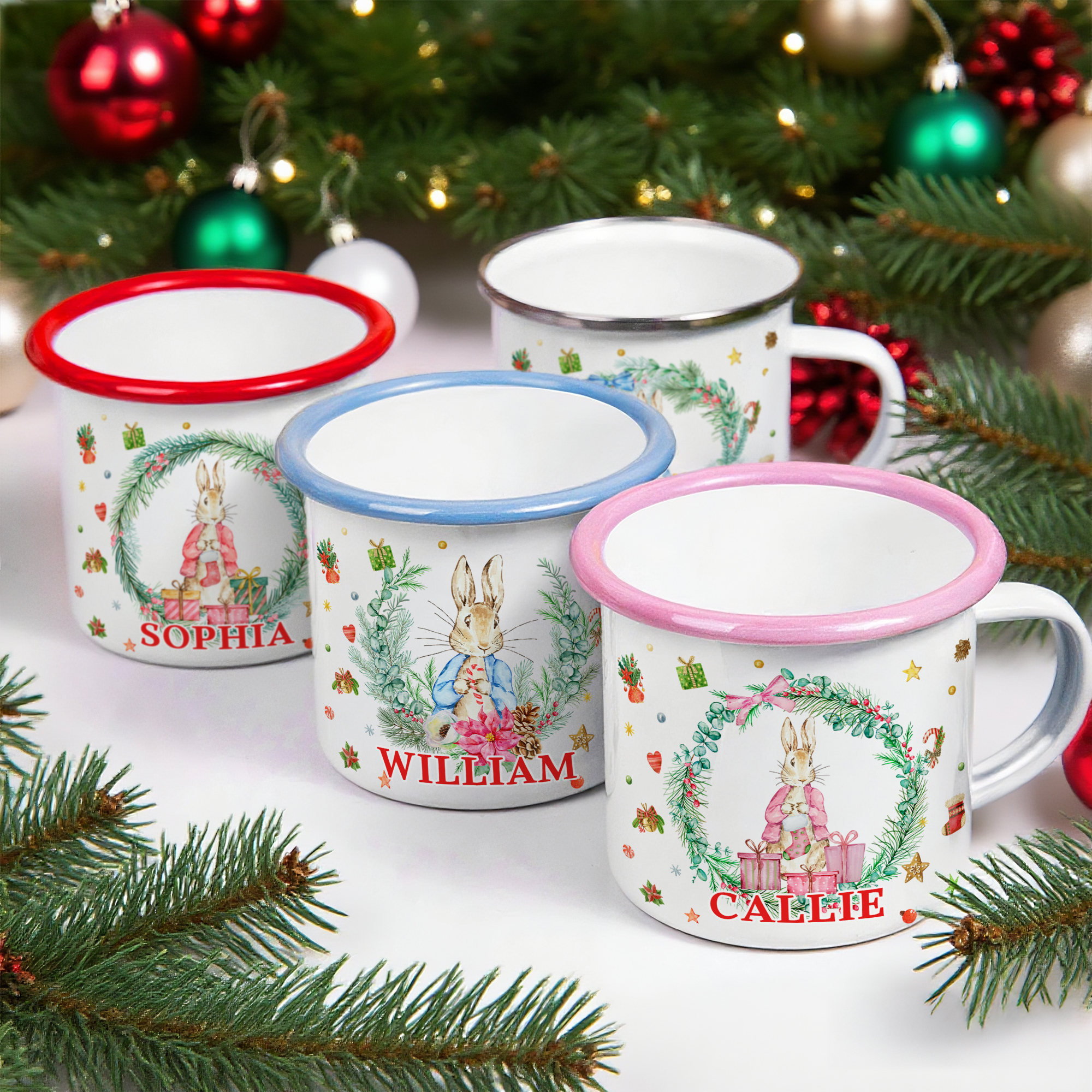 Personalised Cartoon Peter Rabbit 12 oz Coloured Rim Enamel Mug with ...