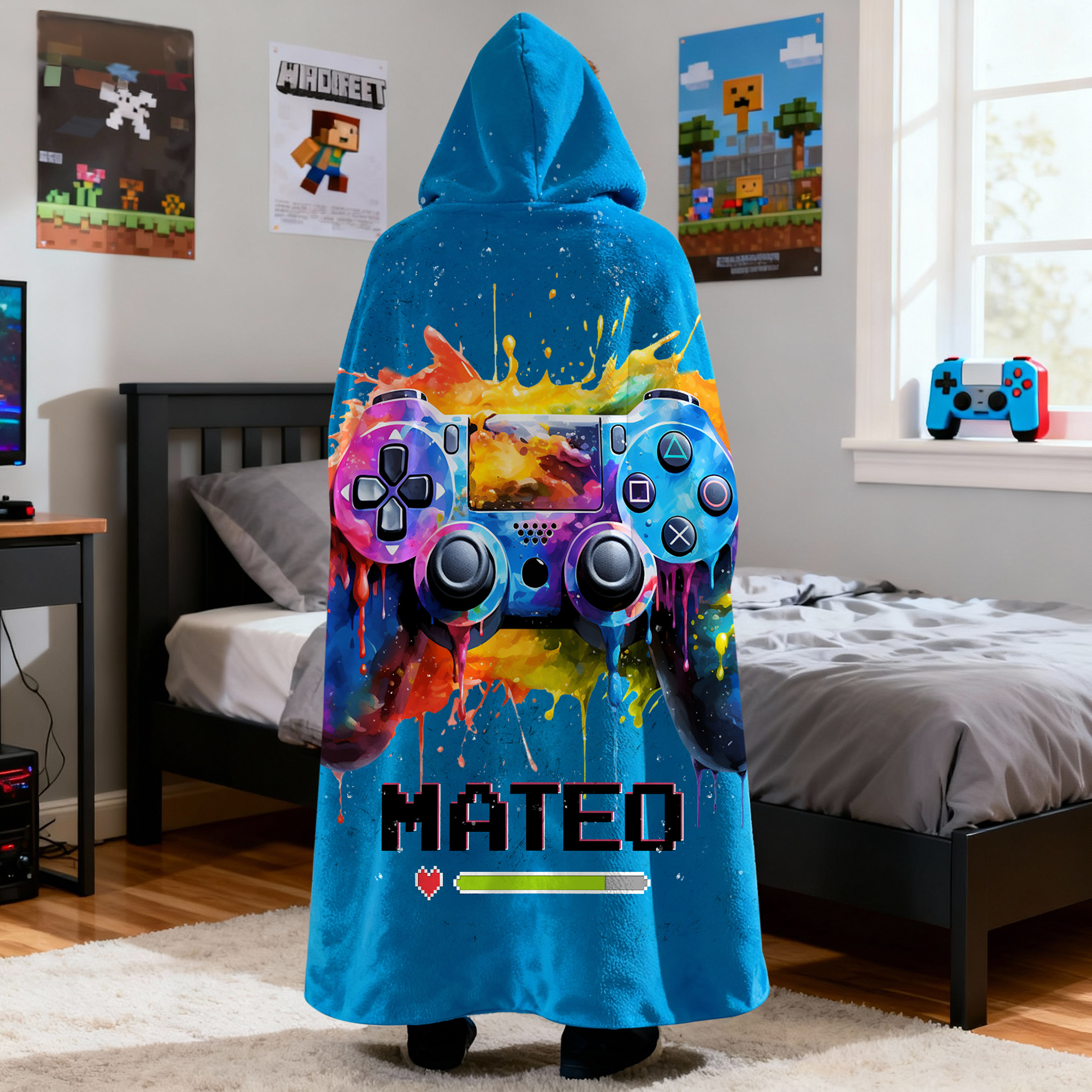 Personalised Gamepad Splatter Paint Soft Hooded Blanket with Name Home ...