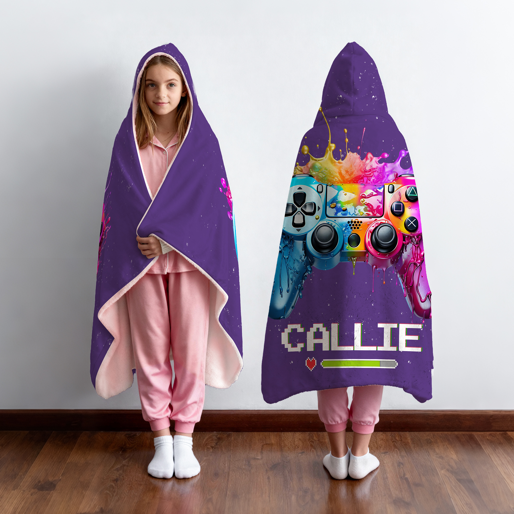 Personalised Gamepad Splatter Paint Soft Hooded Blanket with Name Home ...