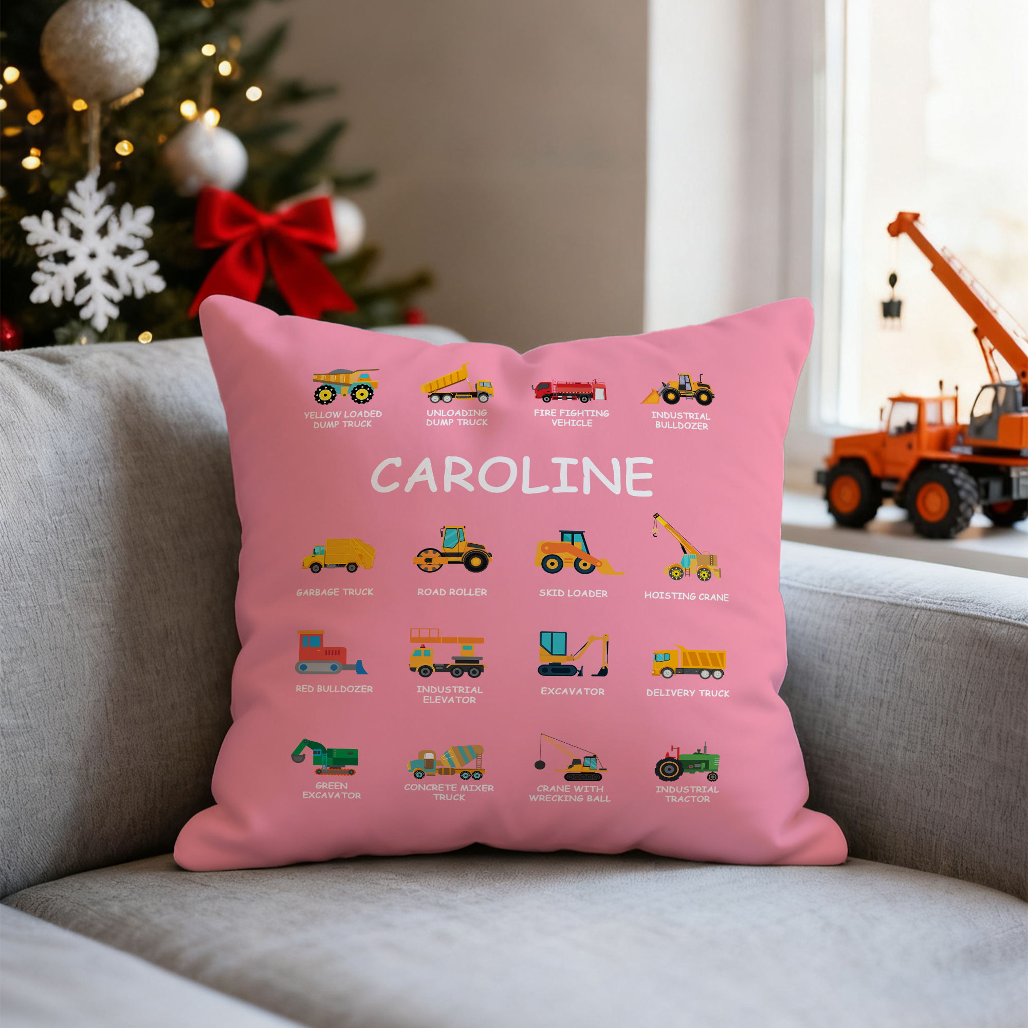Personalised Construction Lorry Multicolour Cushion Cover with Name ...