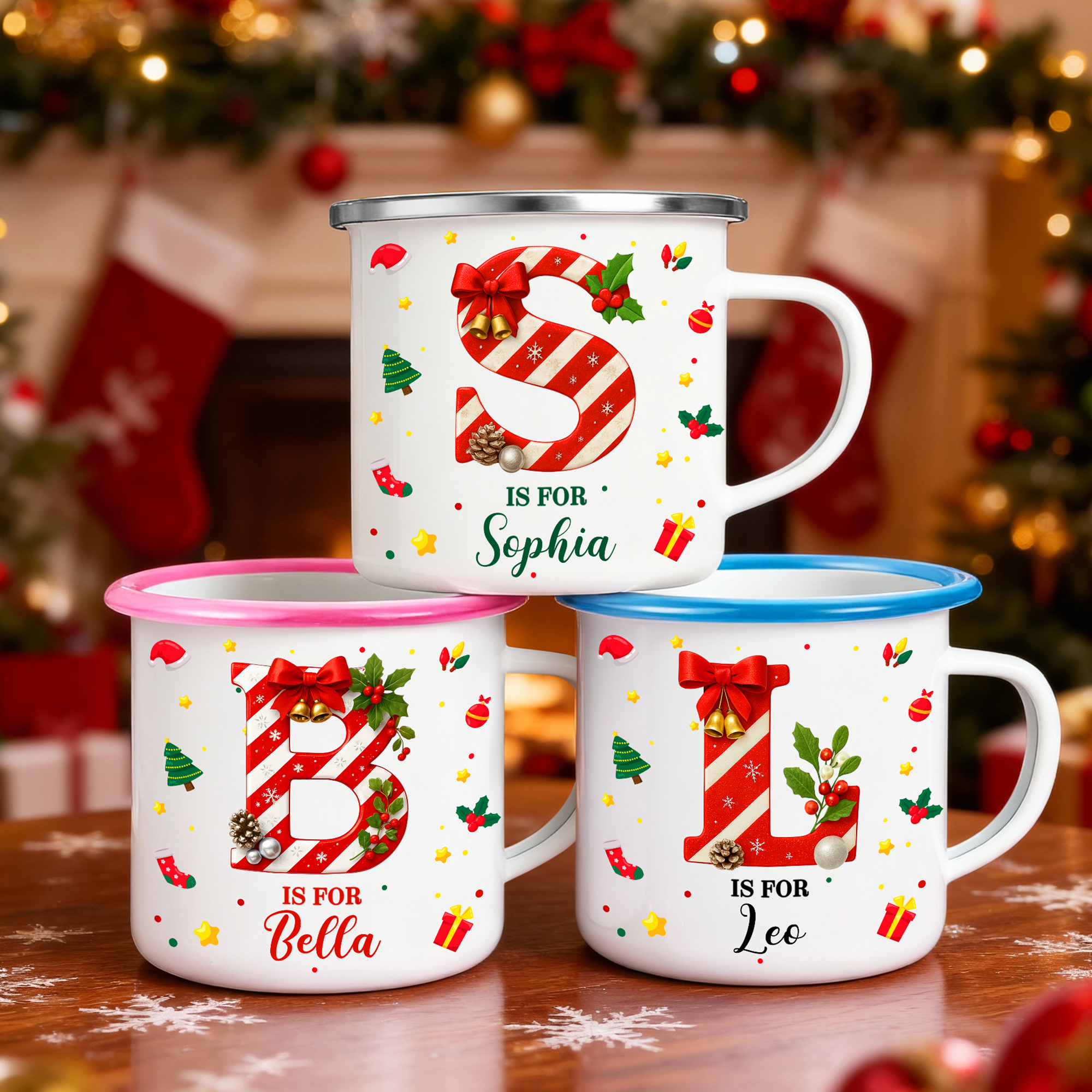 Personalized Candy Cane Initial Design 12 oz Enamel Mug with Name Daily ...