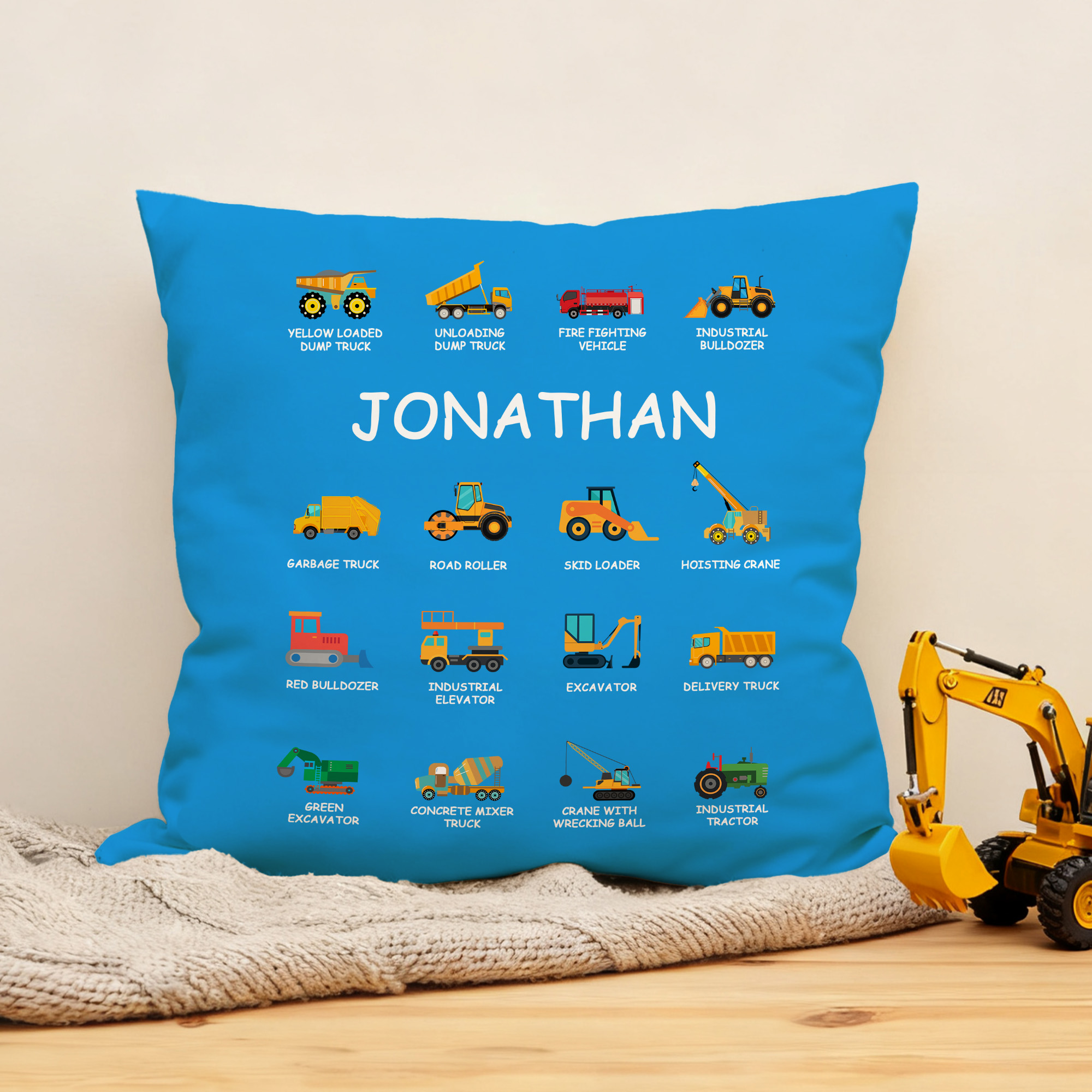 Personalised Construction Lorry Multicolour Cushion Cover with Name ...
