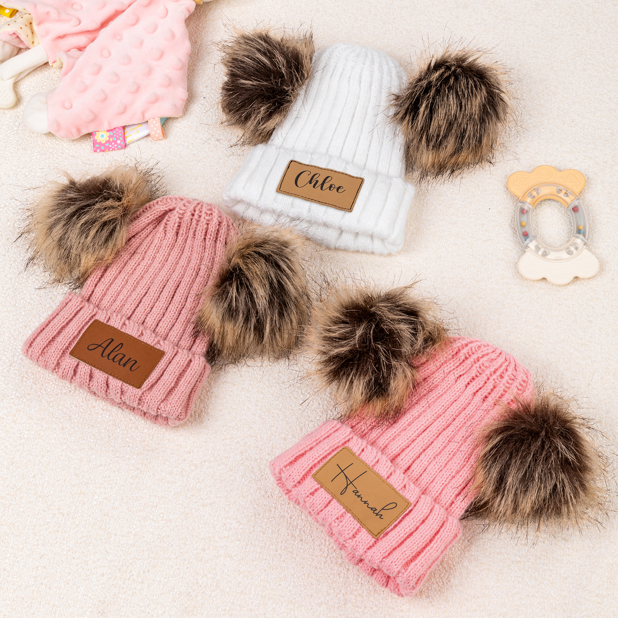 Personalised Two Soft Pom-Poms Beanie Hat with Name Leather Patch ...