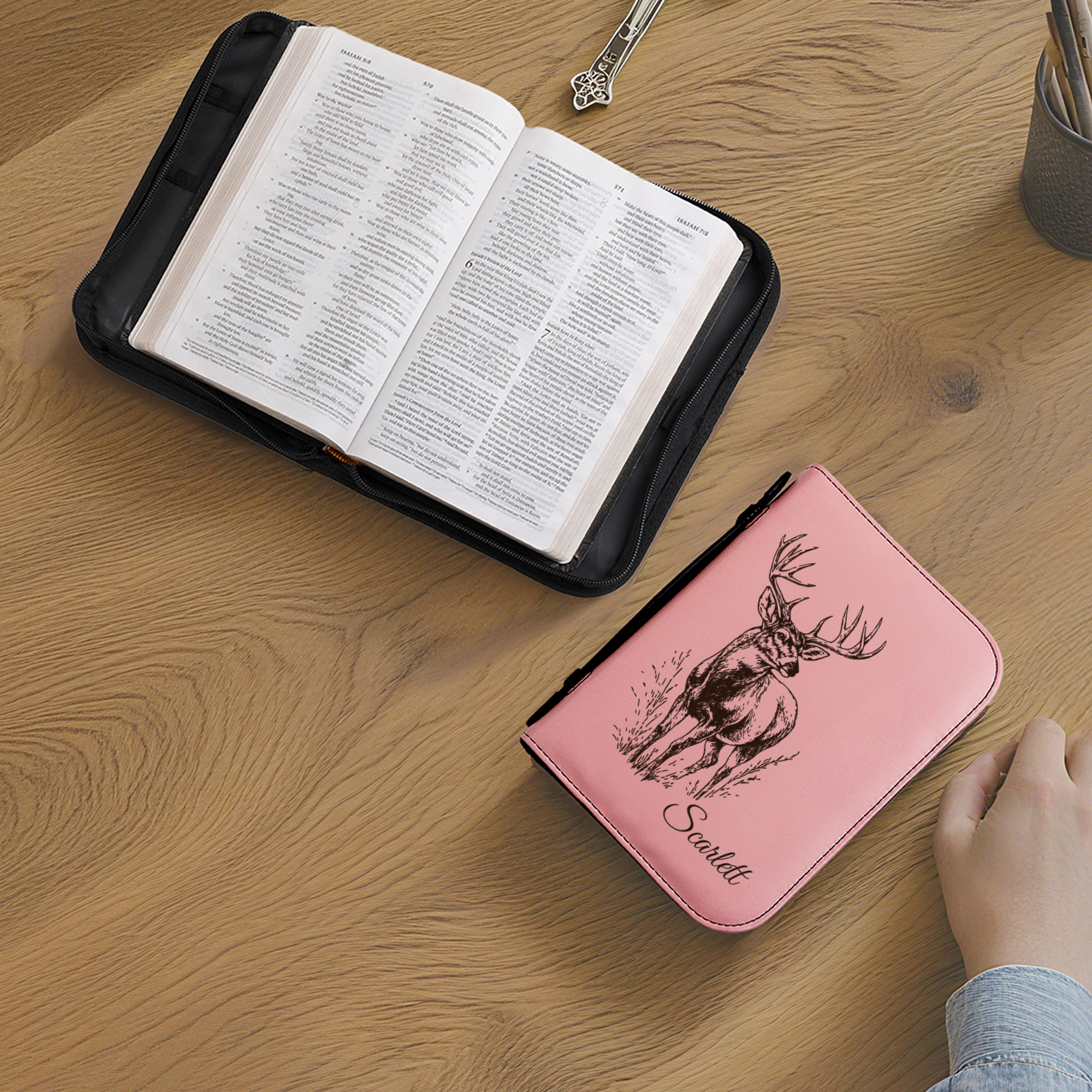 Personalised Buck Deer Name PU Leather Bible Book Cover with Zipper and ...