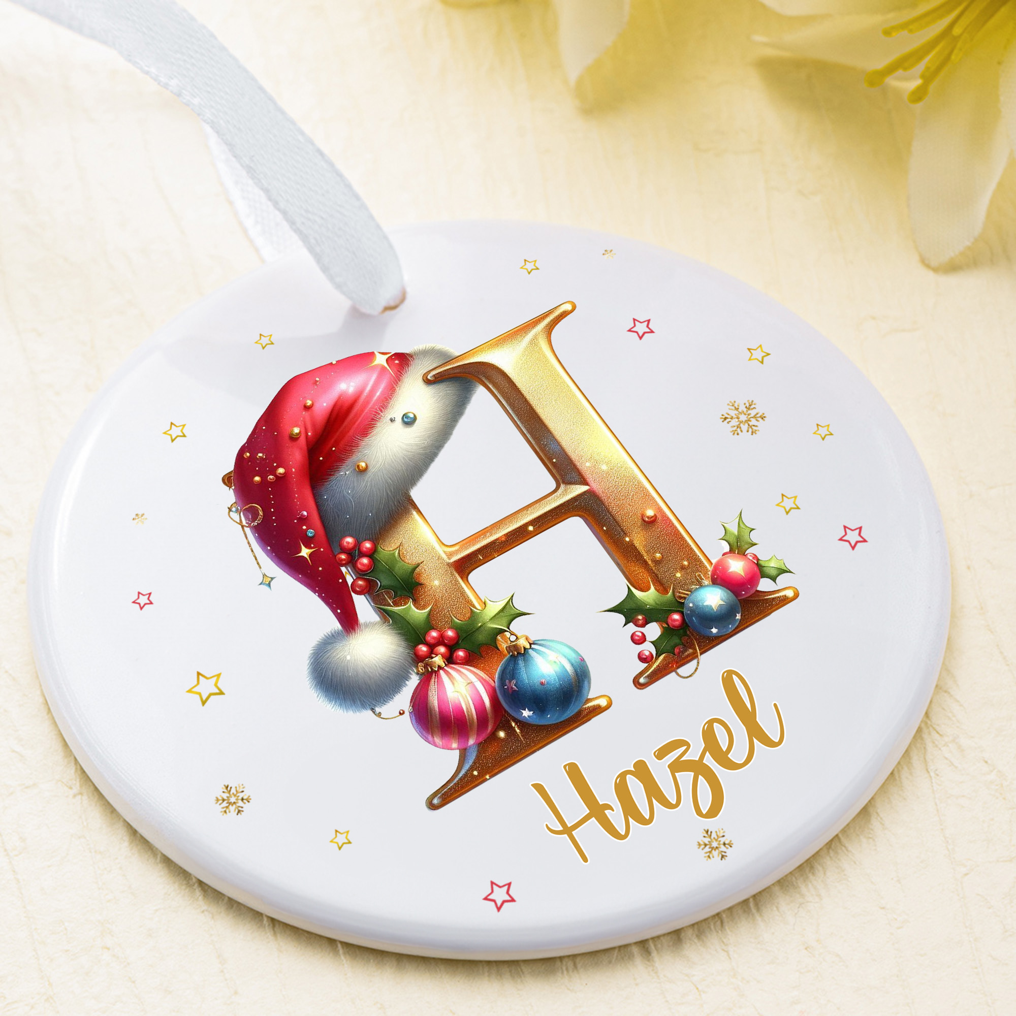Personalised Santa Hat Initial Ceramic Christmas Ornament with Name ...