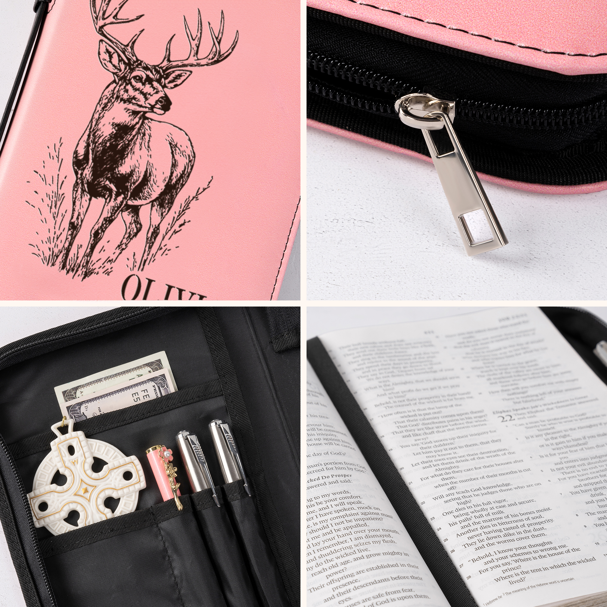Personalized Buck Deer Name PU Leather Bible Book Cover with Zipper and ...