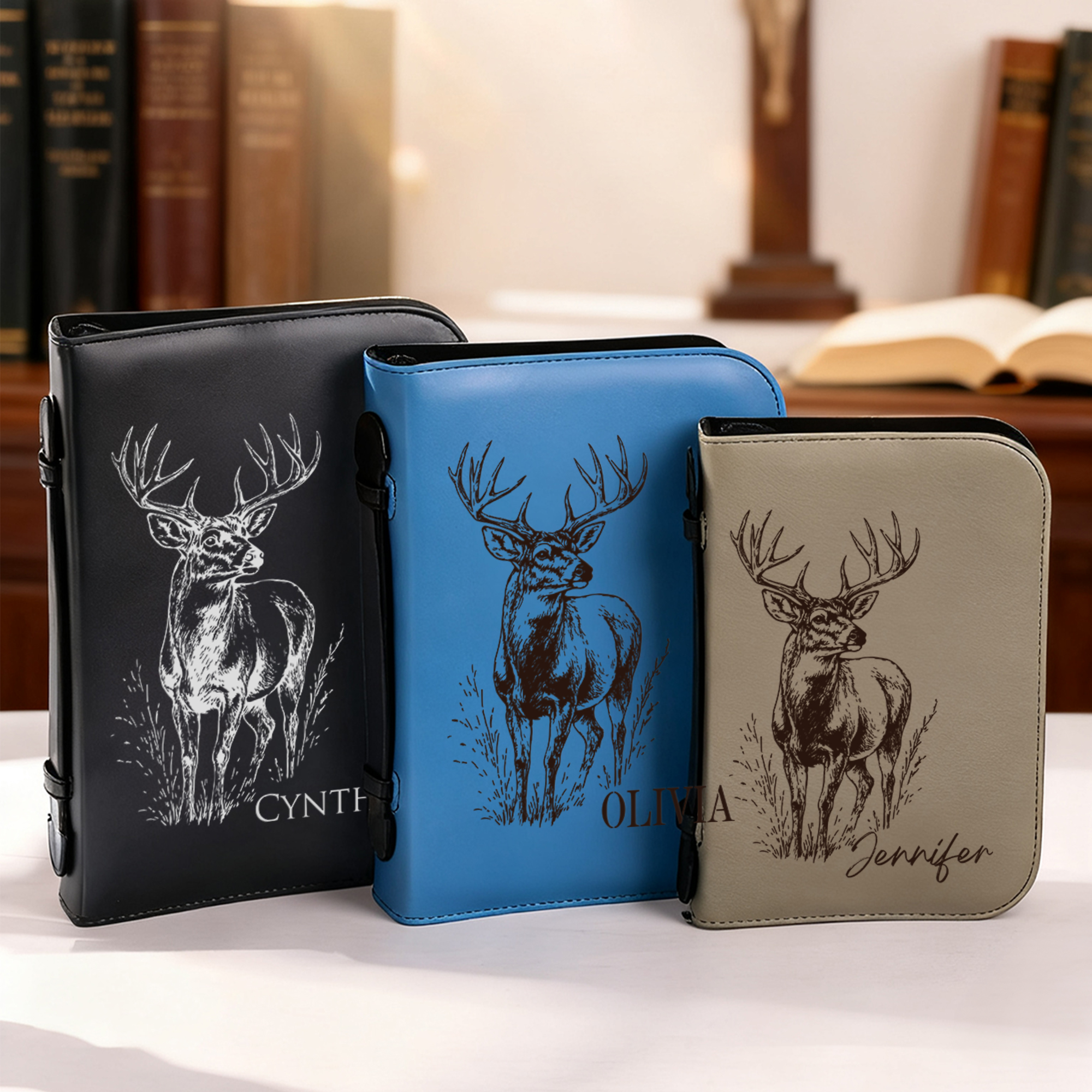 Personalised Buck Deer Name PU Leather Bible Book Cover with Zipper and ...