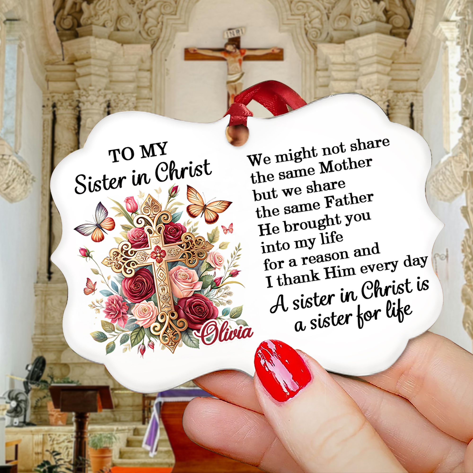 Personalized Cross Floral Irregular Ceramic Ornament with Name Devout ...