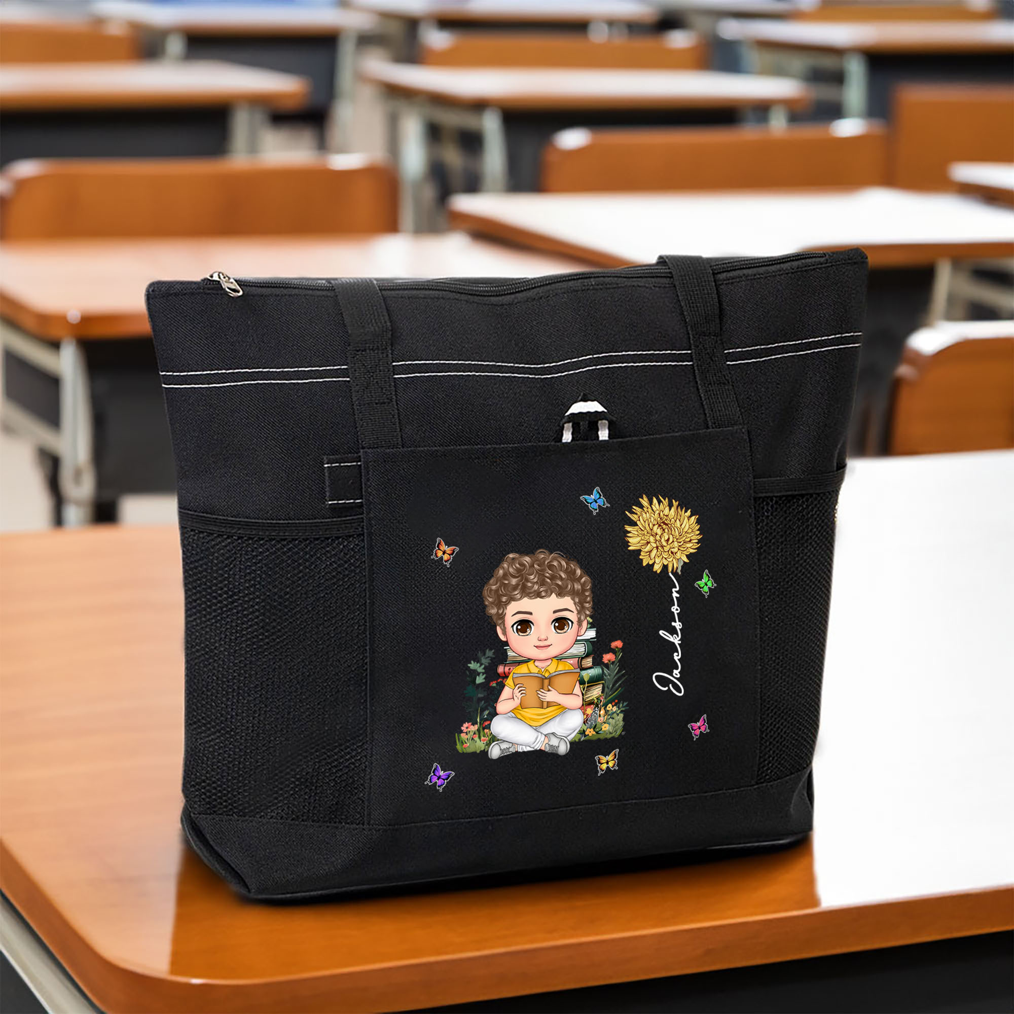 Personalised Cartoon Charatcer Birth Flower Large Capacity Tote Bag ...
