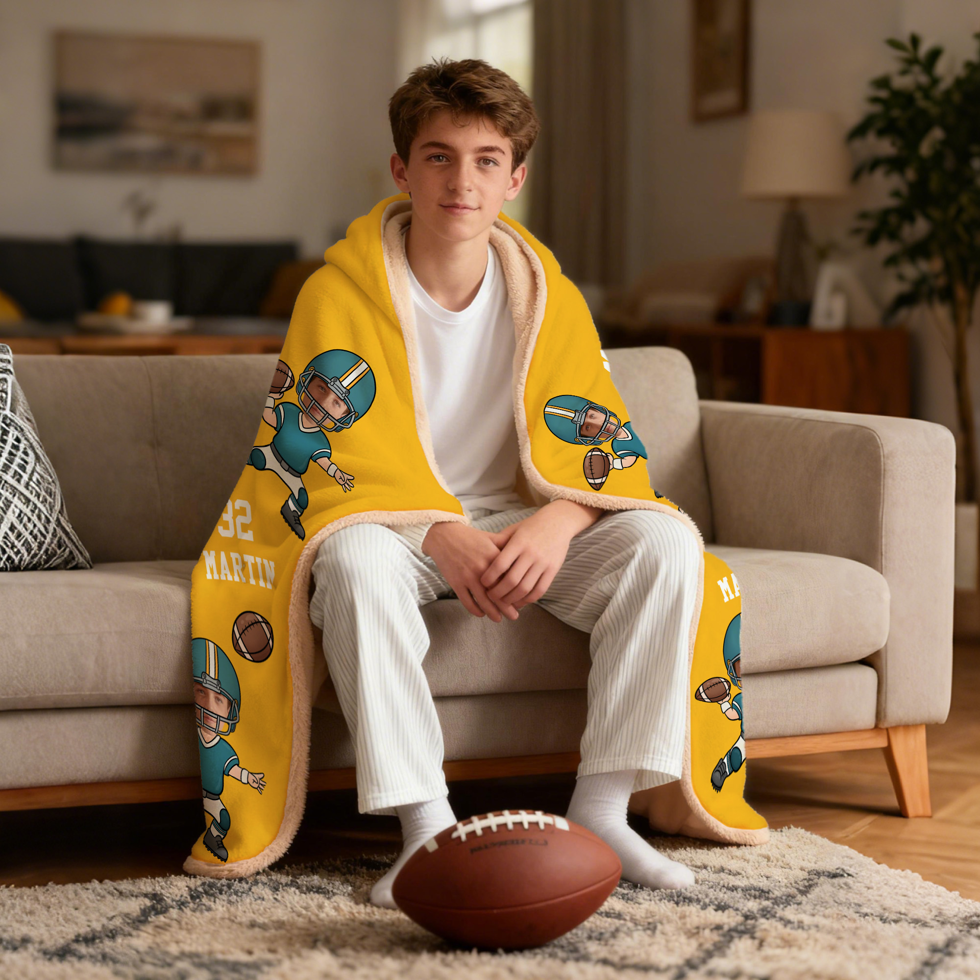 Personalised Face Photo Football Cartoon Character Soft Hooded Blanket ...