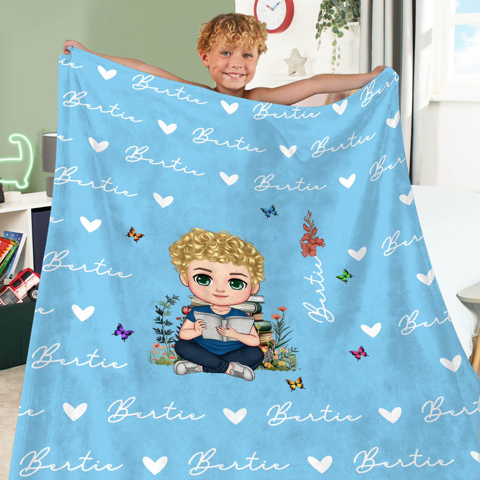 Personalised Cartoon Reading Character Birth Flower Soft Throw Blanket with Name Birthday ...