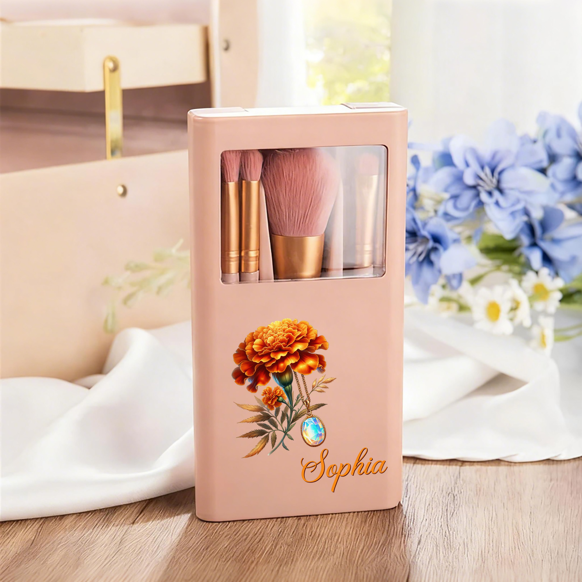 Personalised Gemstone Birth Flower Makeup Brush Travel Storage Box Set ...