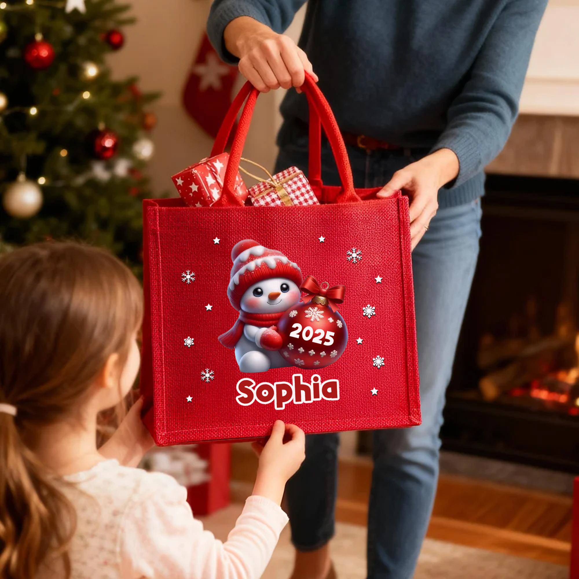 Personalised Cute Snowman Snowflake Large Jute Bag with Name and Year ...