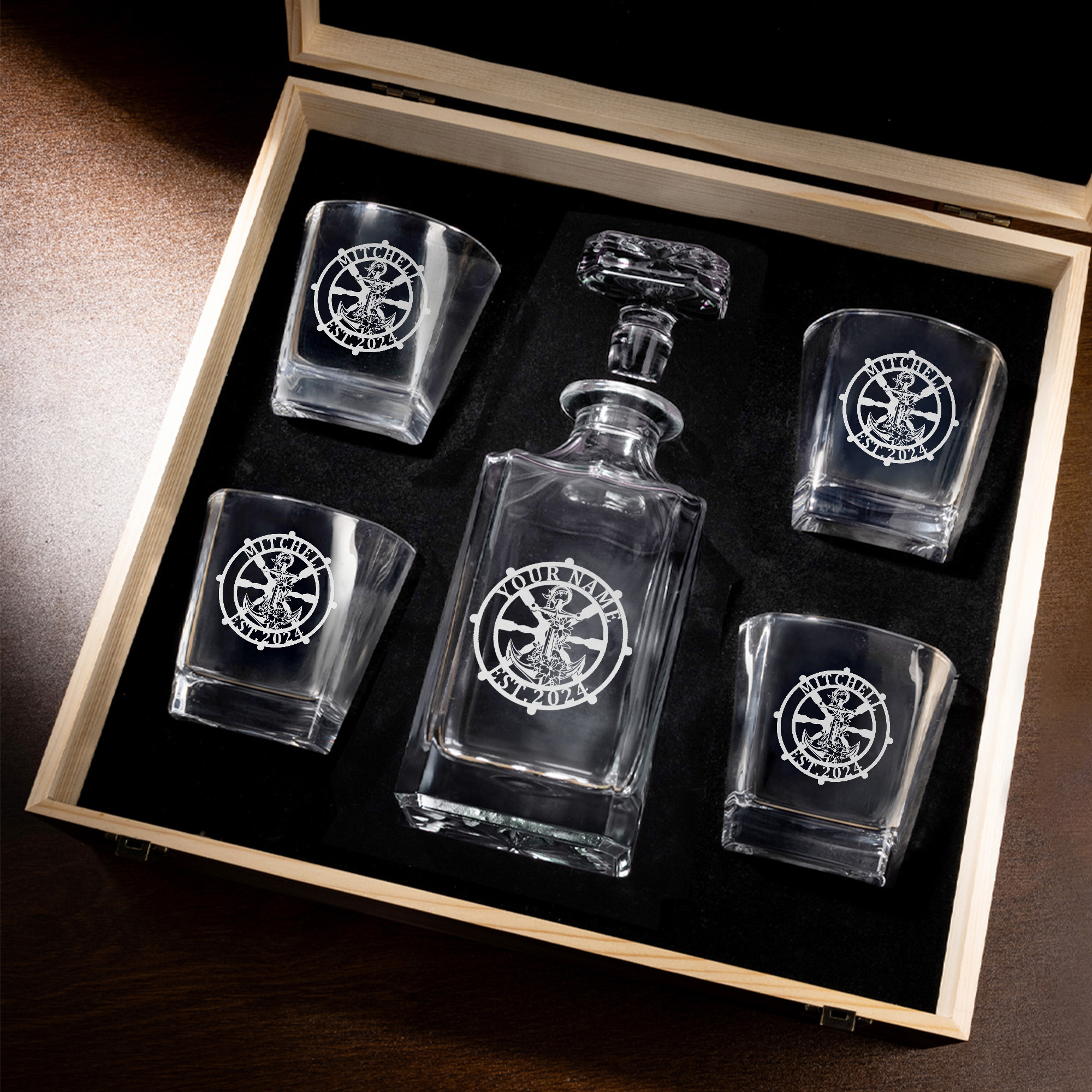 Personalised Boat Anchor Whiskey Decanter 2 Glasses Wooden Box Set with ...