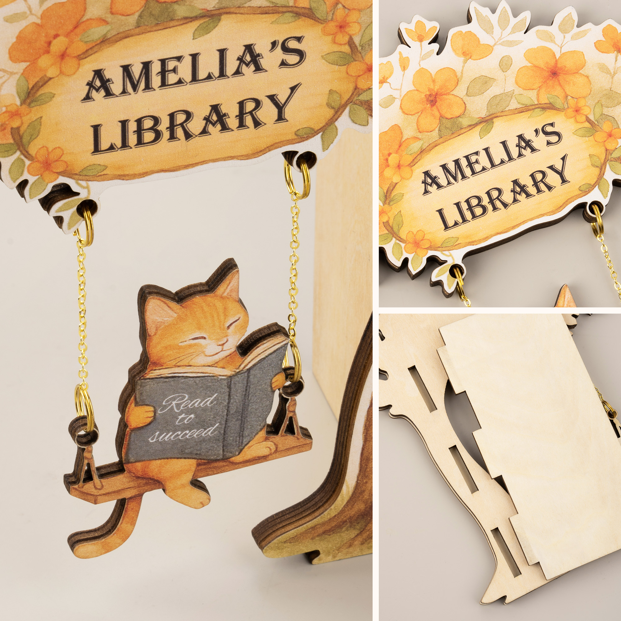 Personalised Reading Cat Swing Wooden Library Sign Book Read Tracker ...