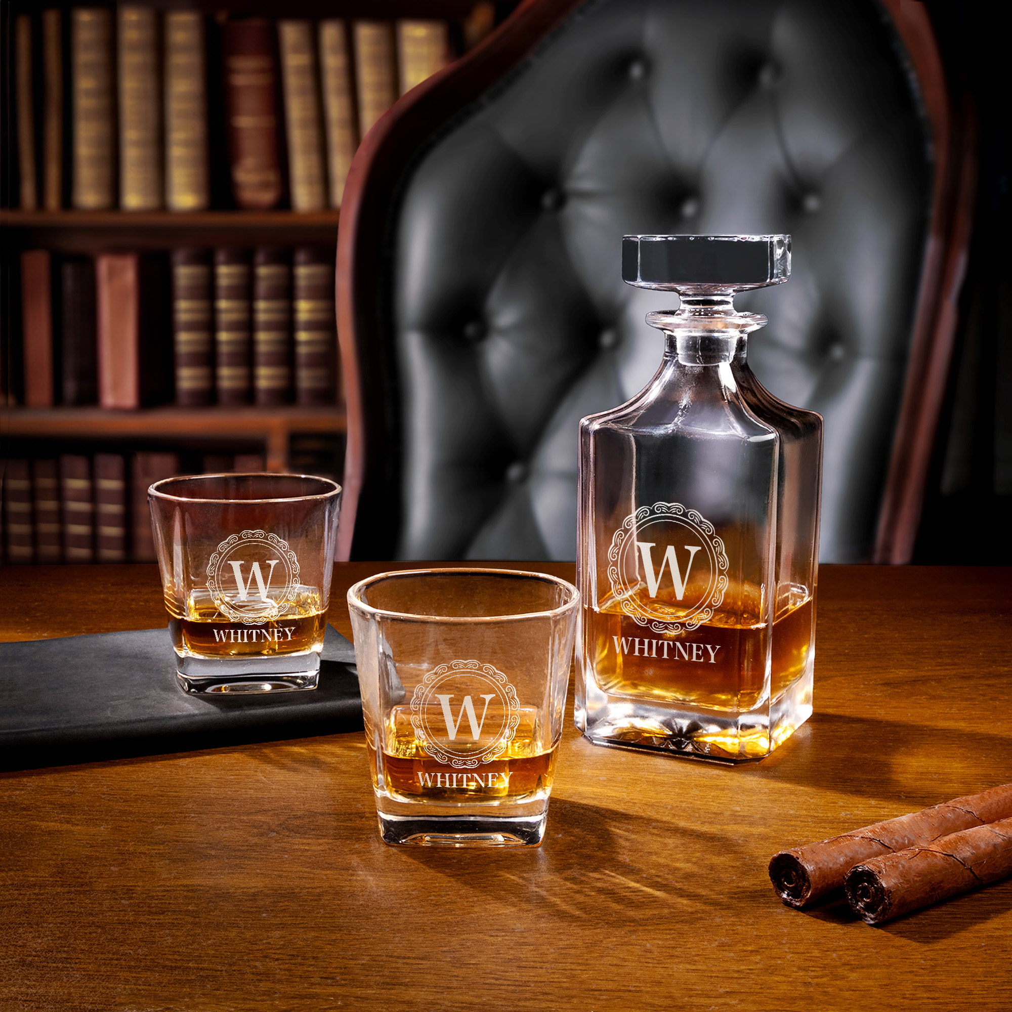 Personalized Vintage Monogram Whiskey Decanter 2 Glasses Box Set with ...