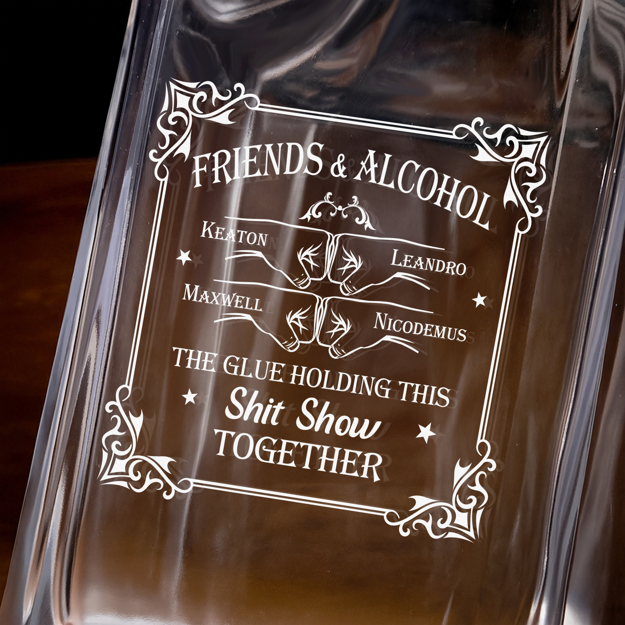 Personalised Fist Bump Whiskey Decanter and 2 Glasses with Name Bar ...