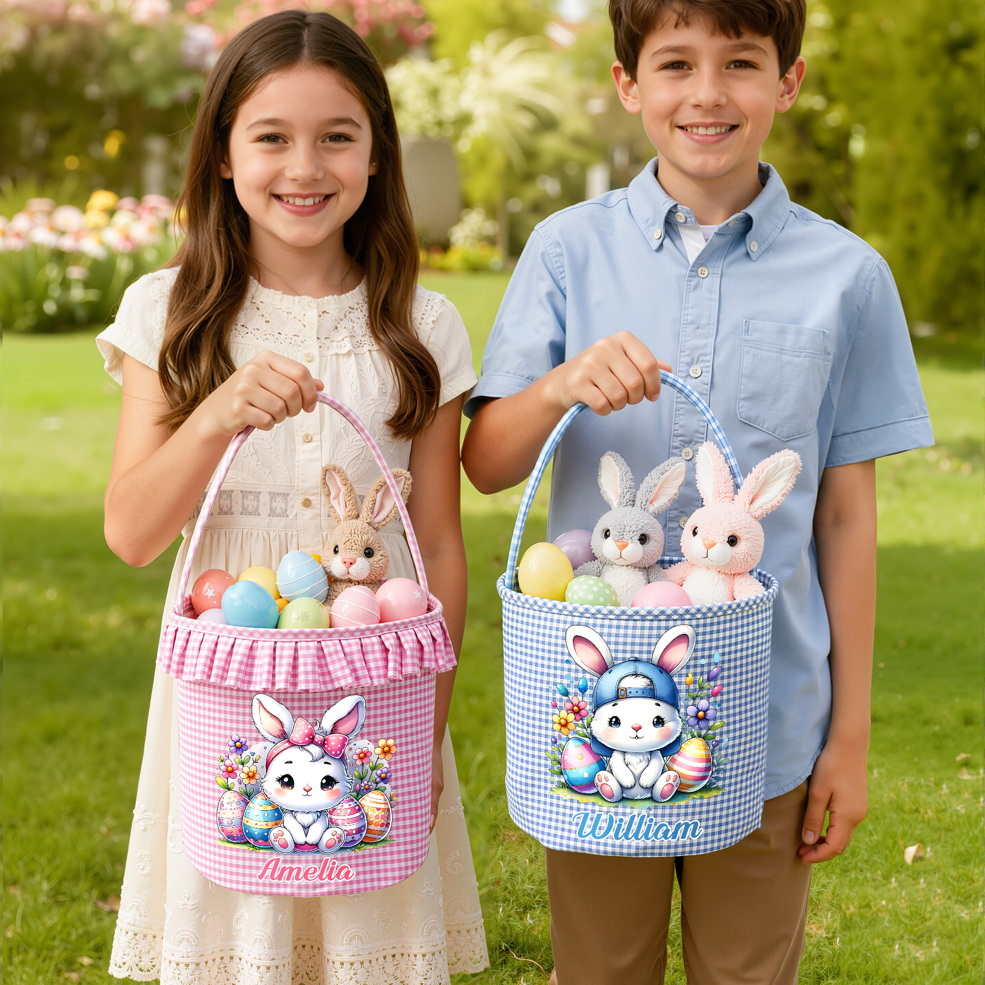 Personalized Cartoon Cute Bunny Chick Reusable Easter Plaid Basket with ...