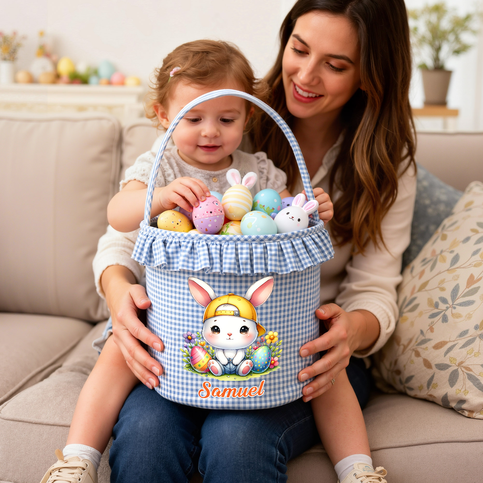 Personalized Cartoon Cute Bunny Chick Reusable Easter Plaid Basket with ...