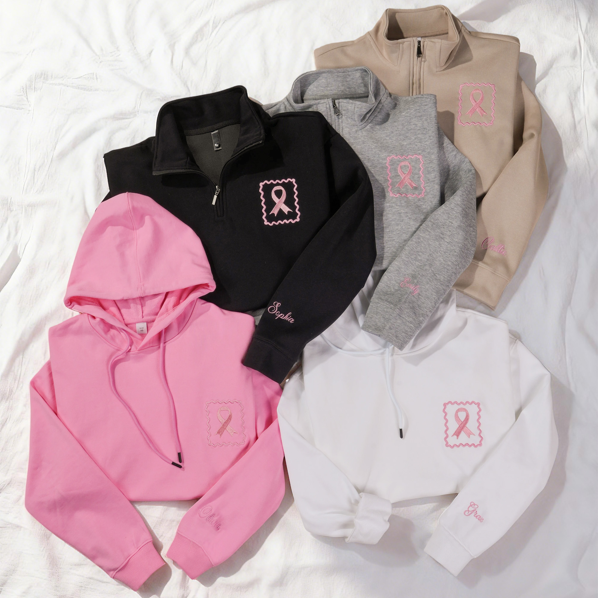 Personalised Multicolor Embroidered Ribbon Wavy Border Quarter Zip ...
