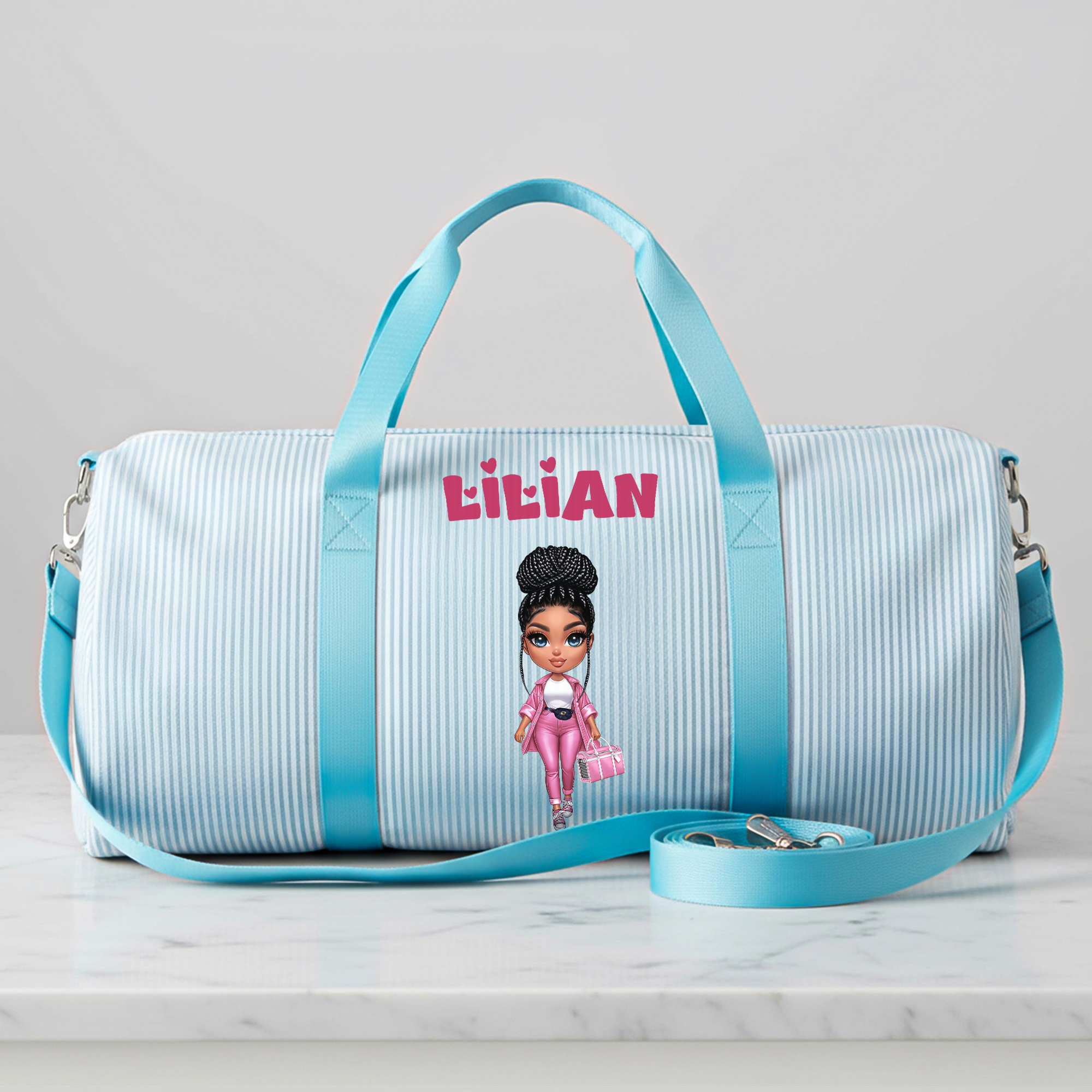 Personalised Cartoon Travel Character Striped Canvas Travel Duffel Bag ...