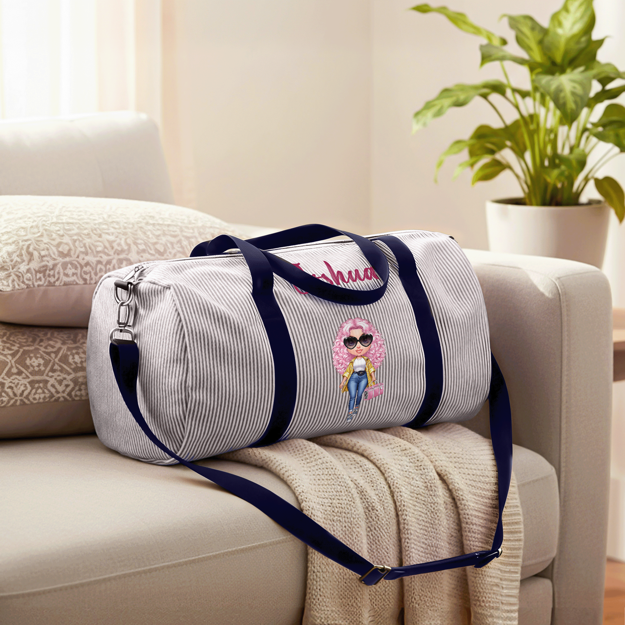 Personalised Cartoon Travel Character Striped Canvas Travel Duffel Bag ...