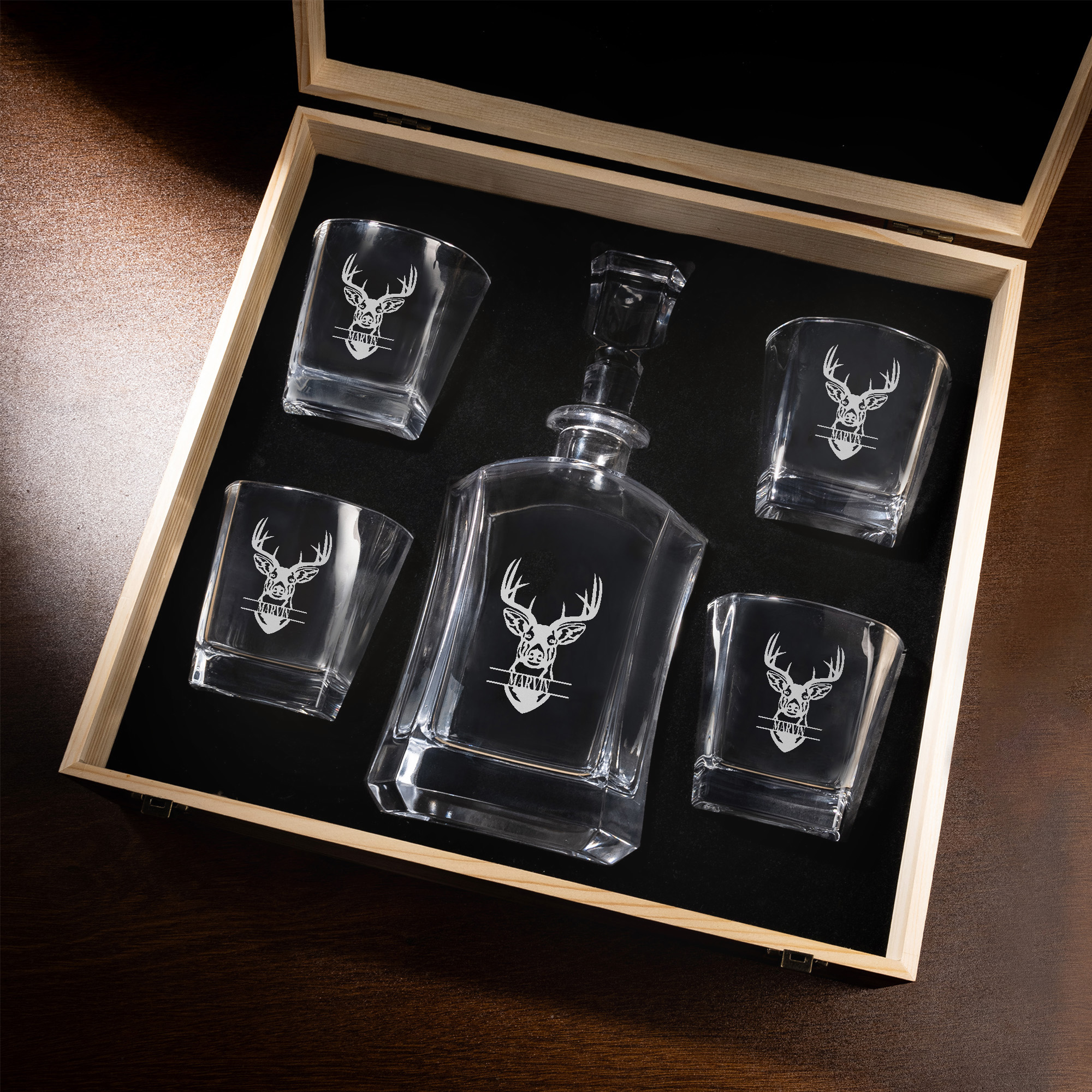 Personalized Engraved Reindeer Whiskey Decanter Wooden Box and 4 ...