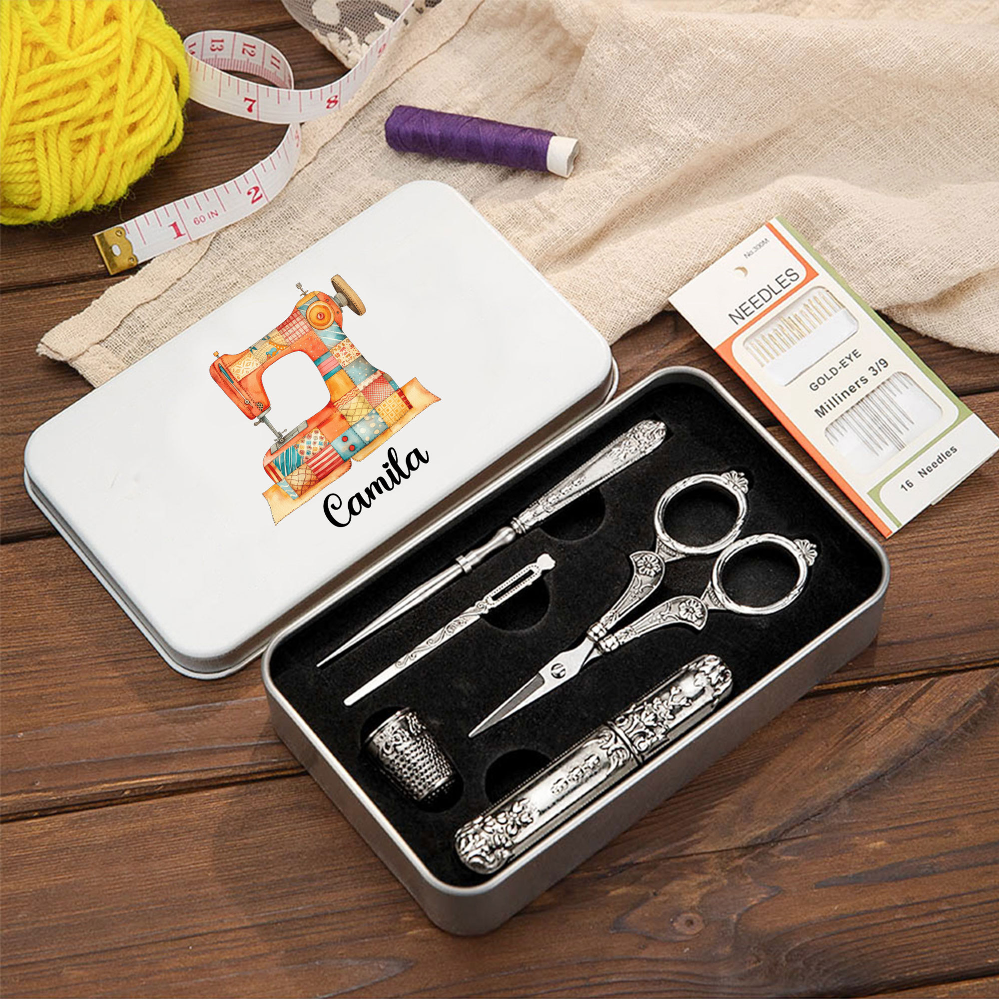 Personalised Patch Sewing Machine 6 Pcs Sewing Tools Set with Tin Box ...