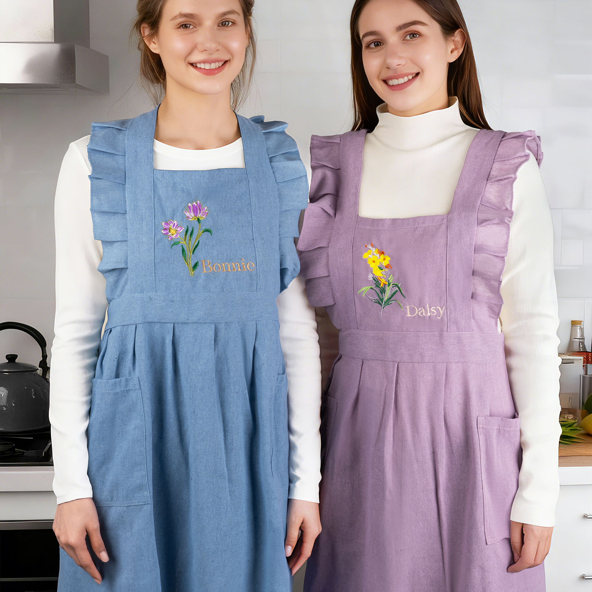Personalised Birth Flower Embroidery Ruffle Princess Apron with Name ...