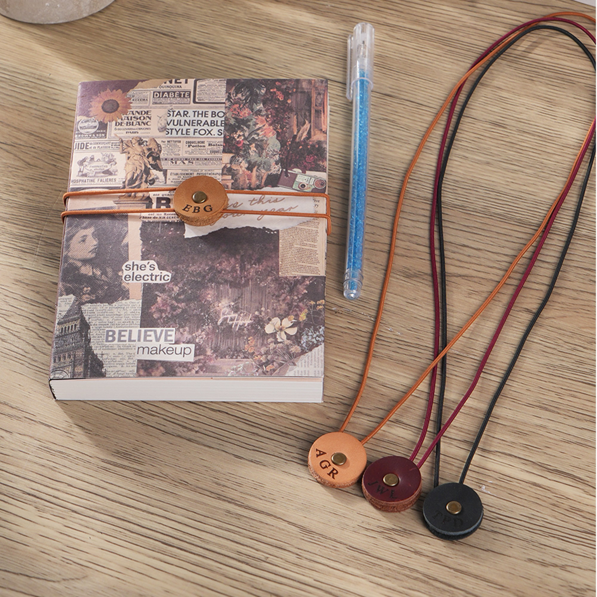 Personalised Multicolour Leather Planner Rivet Band with Initials Elastic Band for Planners and ...