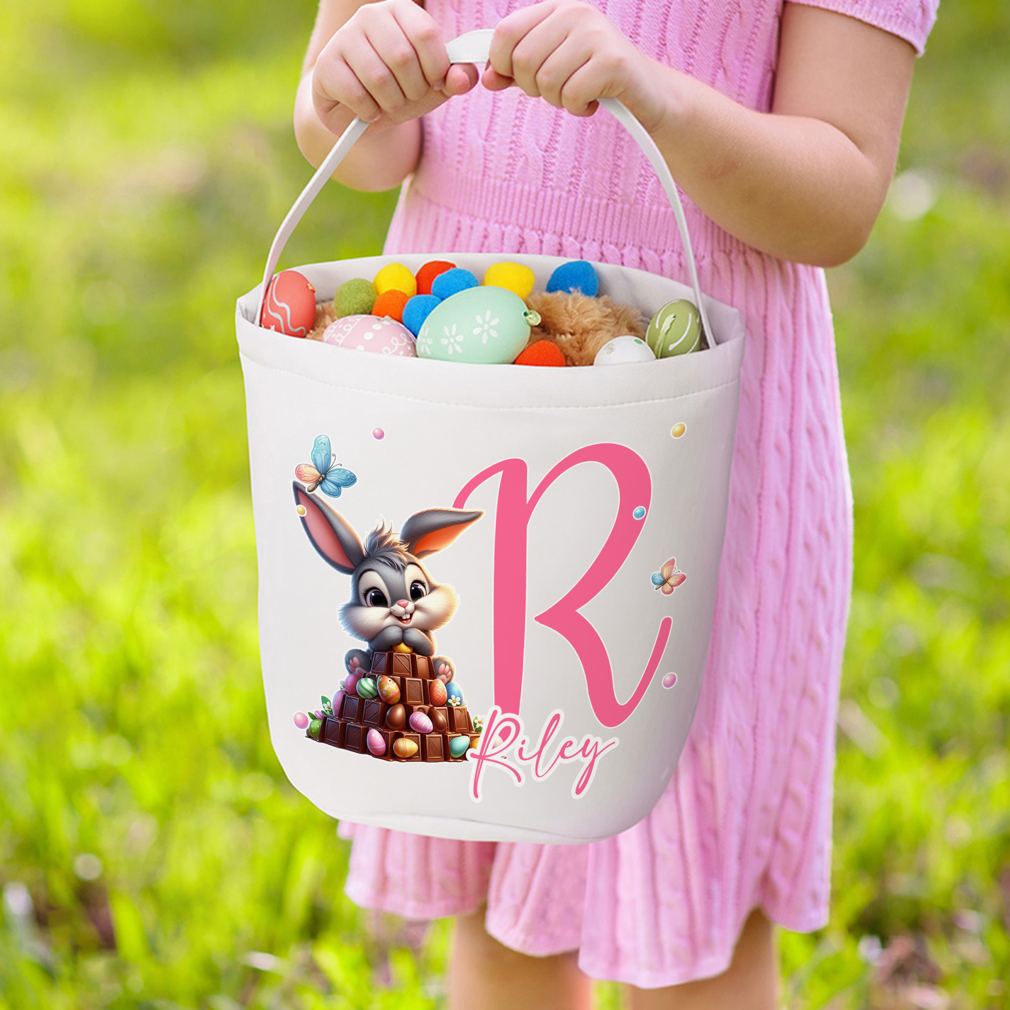 Personalized Cute Bunny Easter Bucket Basket with Name and Initial ...