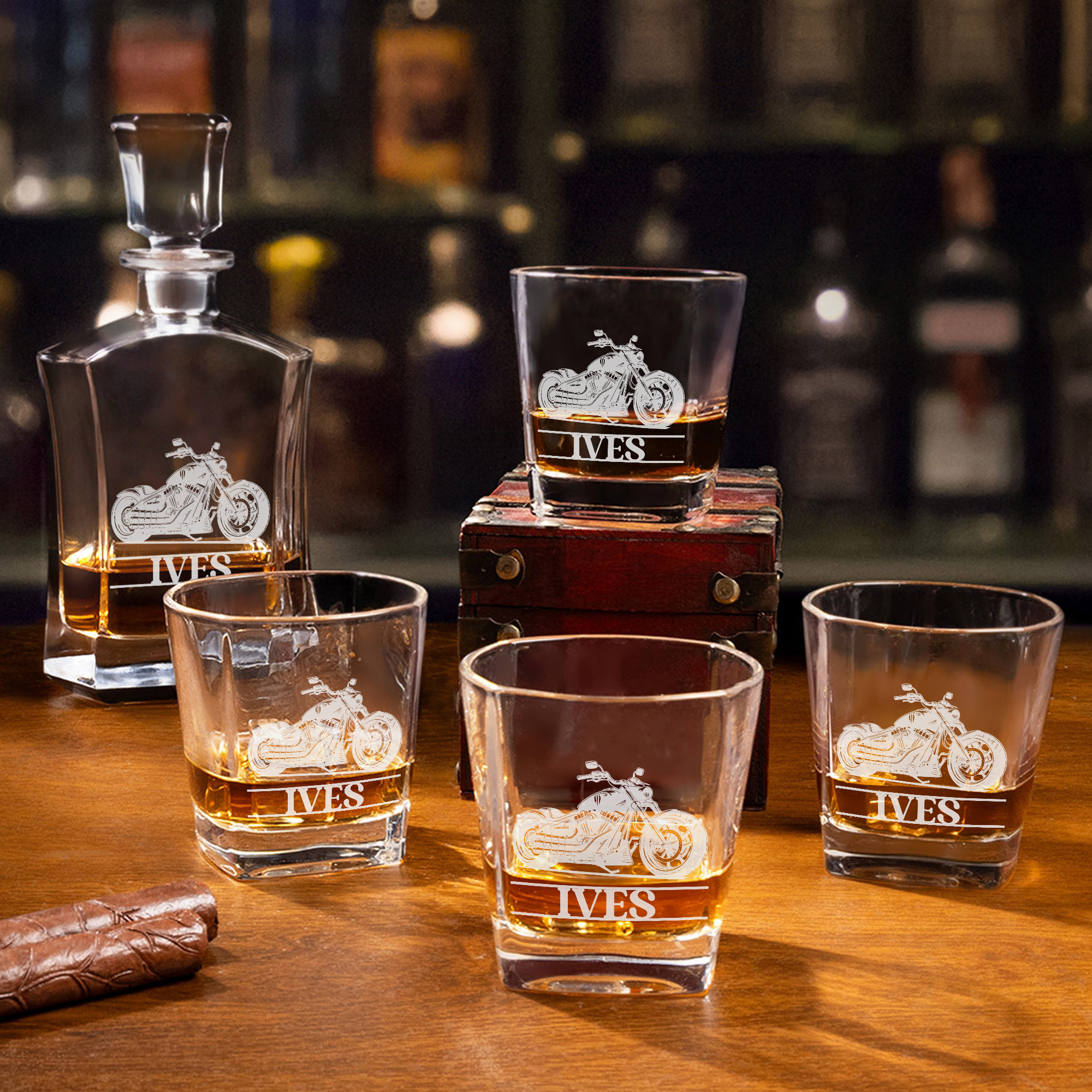 Personalized Cool Motorcycle Design Whiskey Decanter 4 Glasses Set with ...