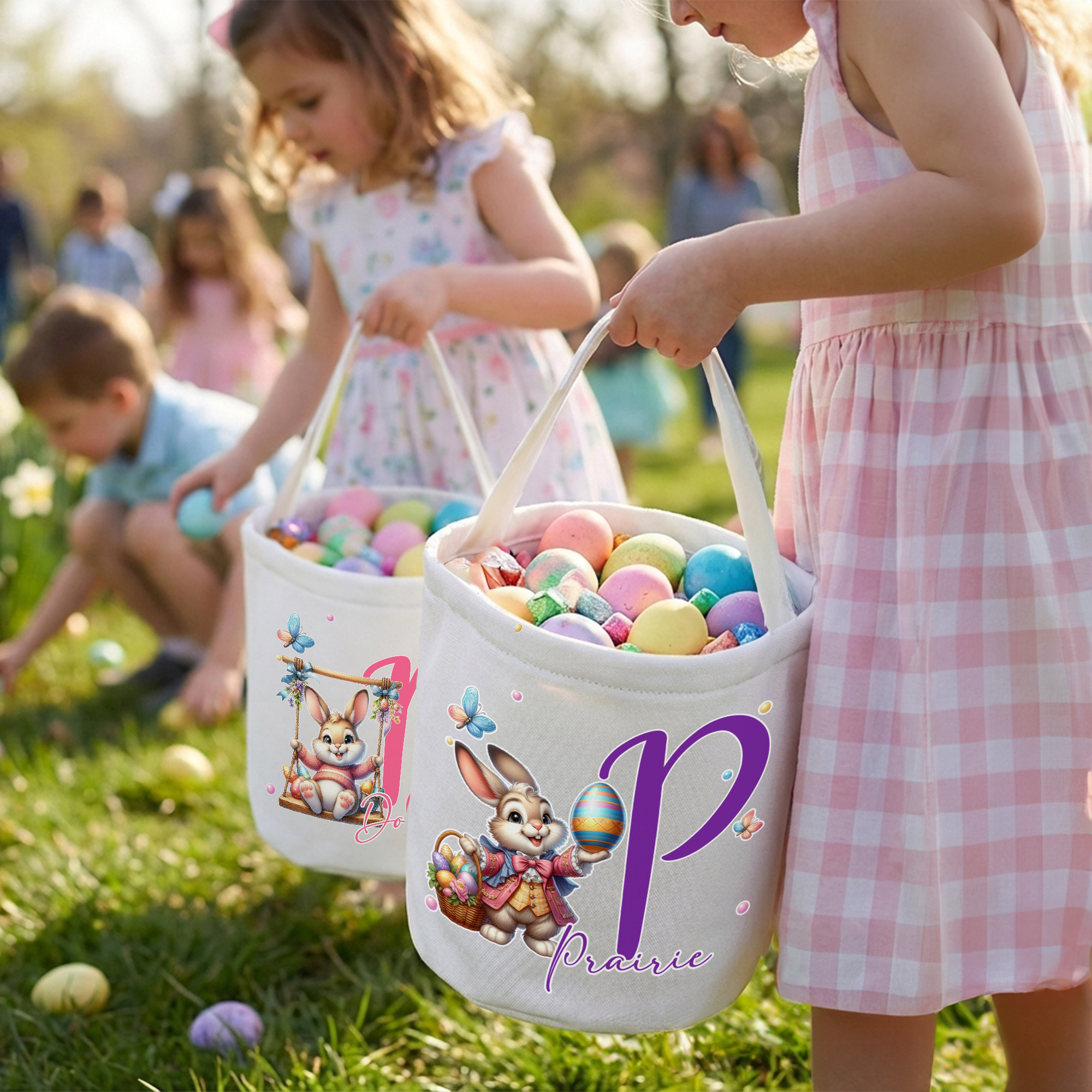Personalized Cute Bunny Easter Bucket Basket with Name and Initial ...