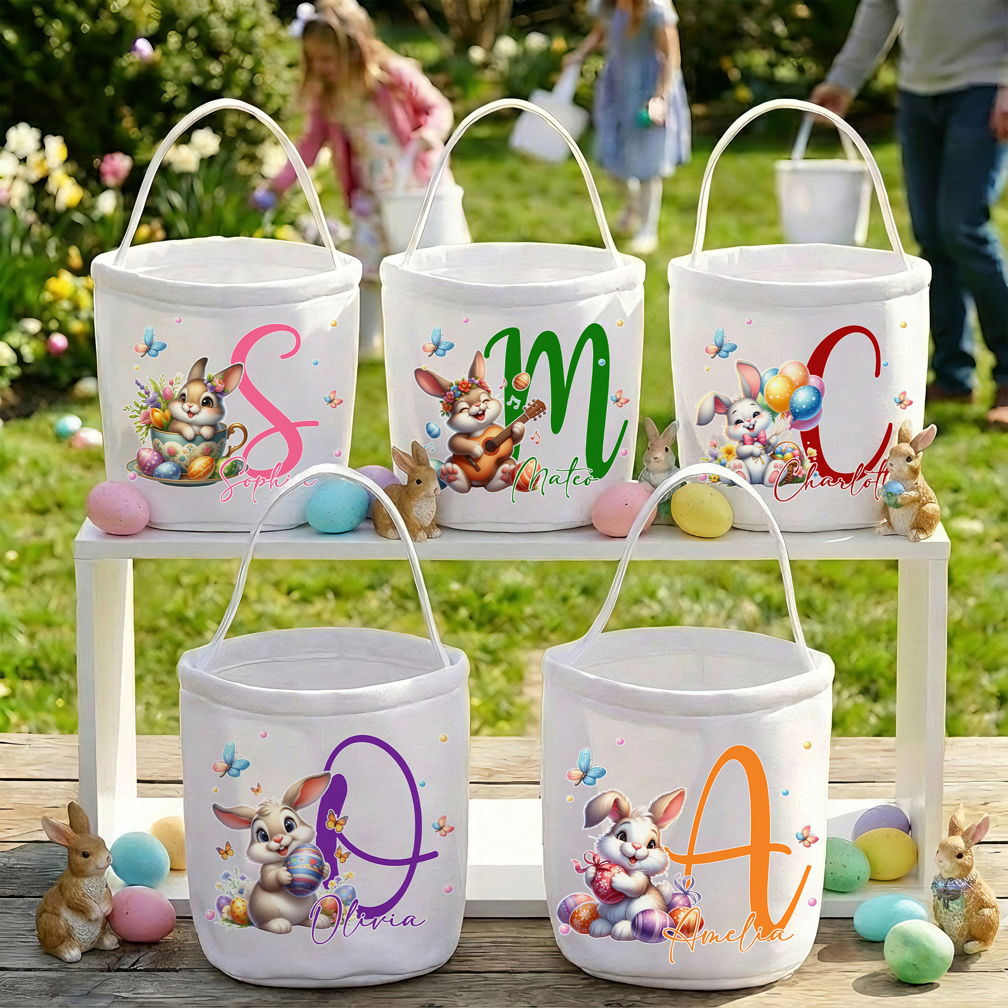 Personalized Cute Bunny Easter Bucket Basket with Name and Initial ...