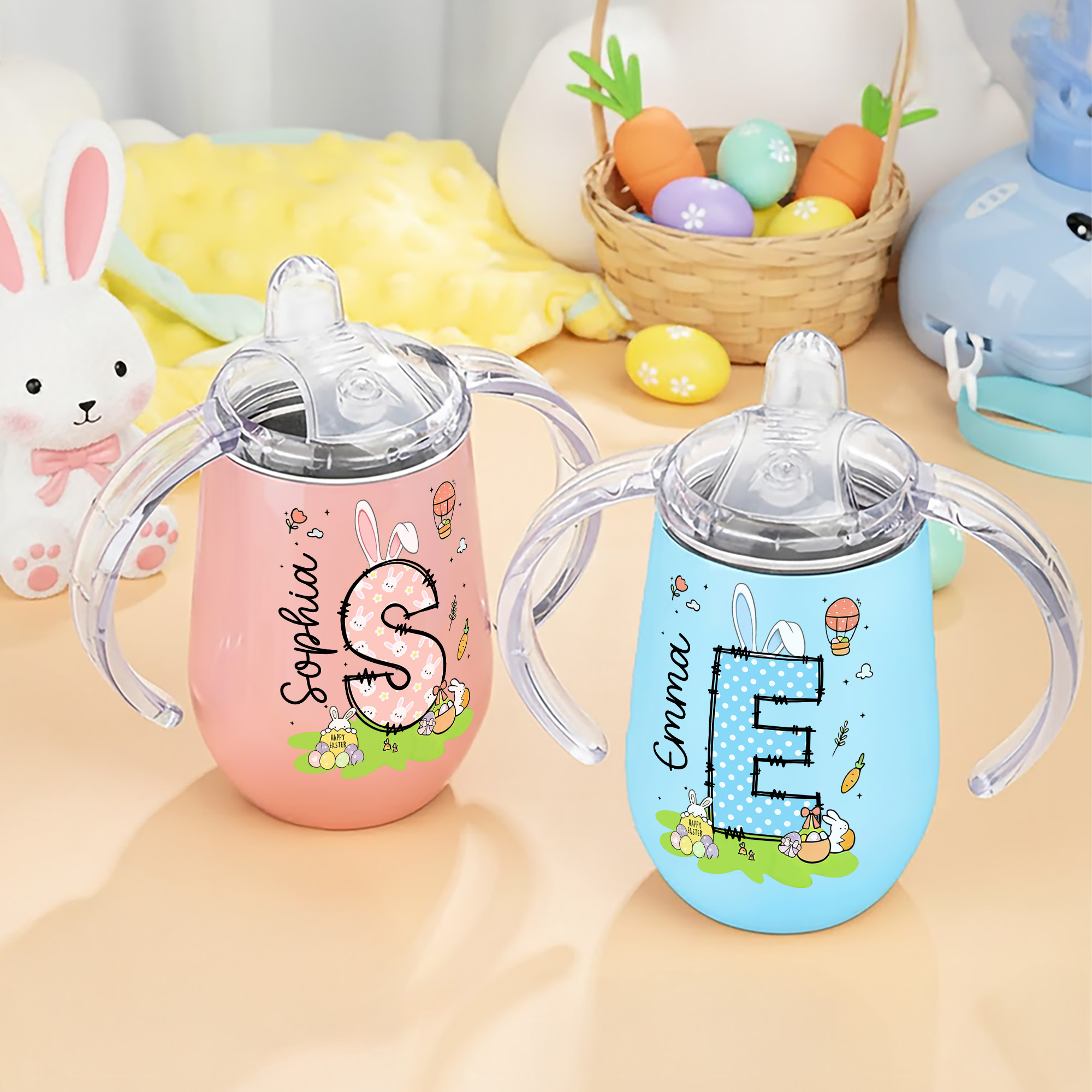 Personalised Floral Bunny Ears Initial Easter Egg 10 oz Insulated Sippy ...