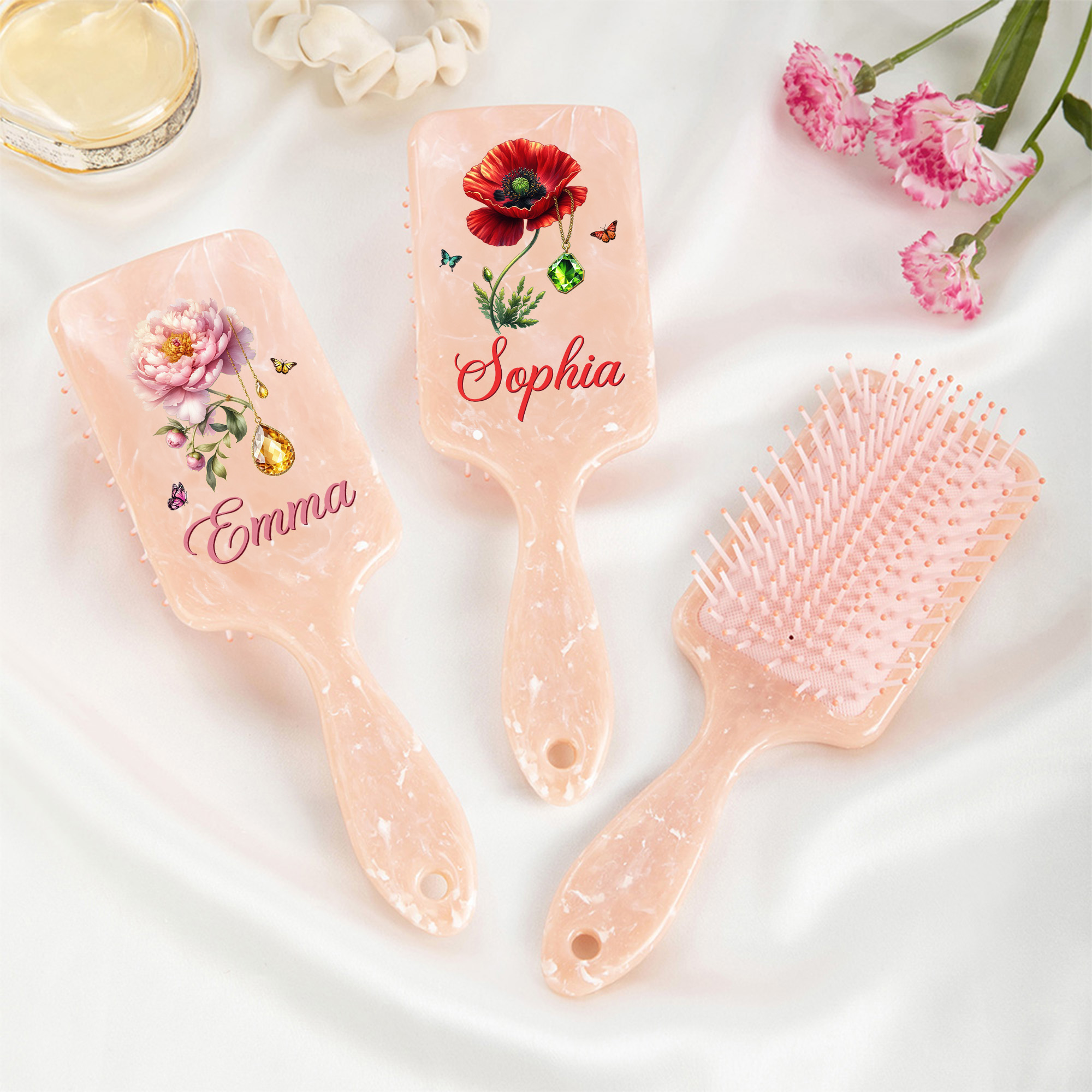 Personalised Butterfly Birth Flower Gemstone Hair Brush Anti-Static ...