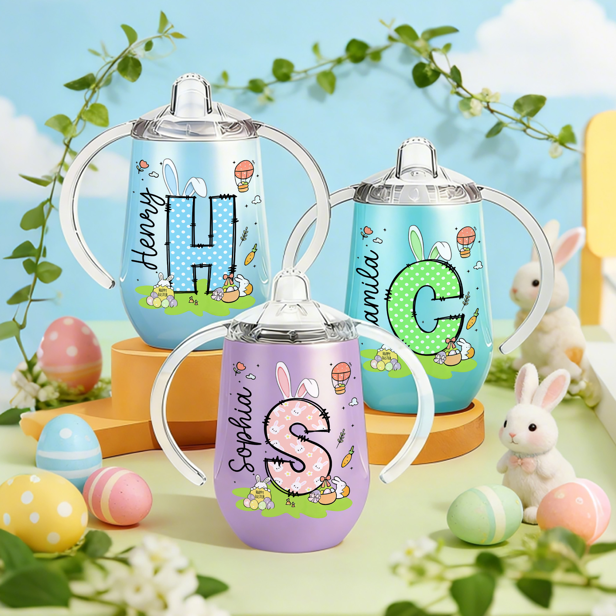 Personalised Floral Bunny Ears Initial Easter Egg 10 oz Insulated Sippy ...
